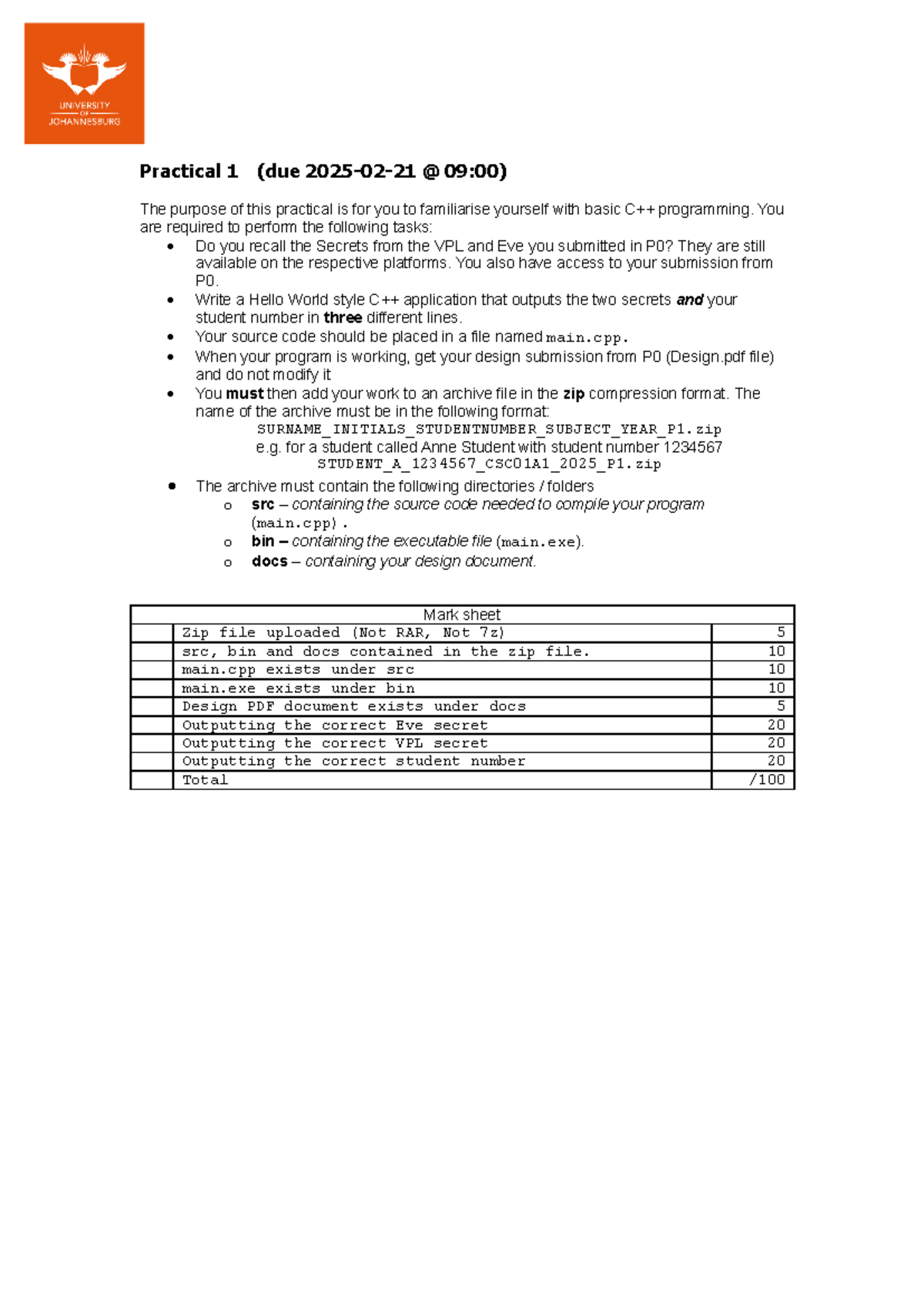 CSC01A1-2025-P1 - Practical 1 Guidelines and Submission Instructions - Studocu