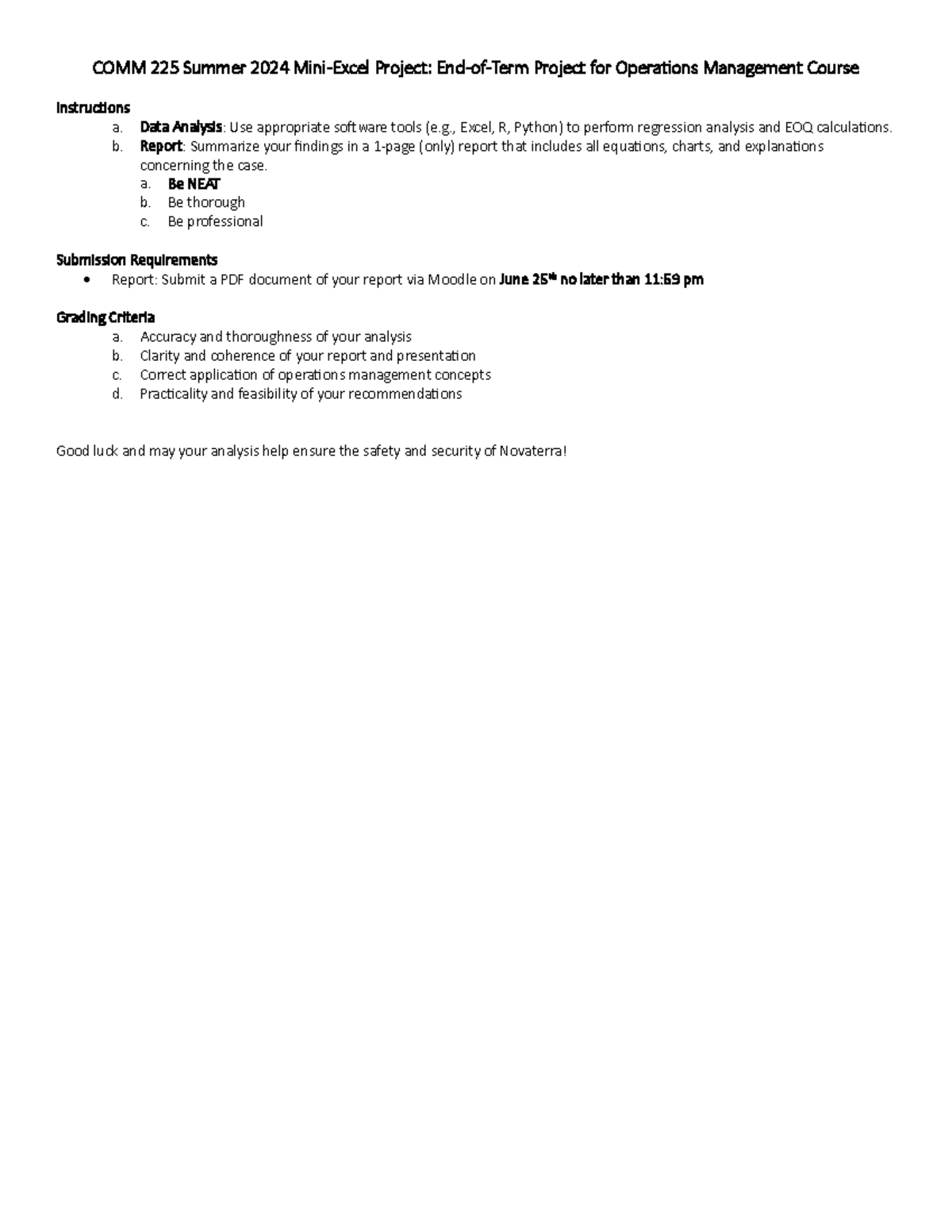 COMM 225 Mini-Excel Project: Operations Management Model & Analysis ...