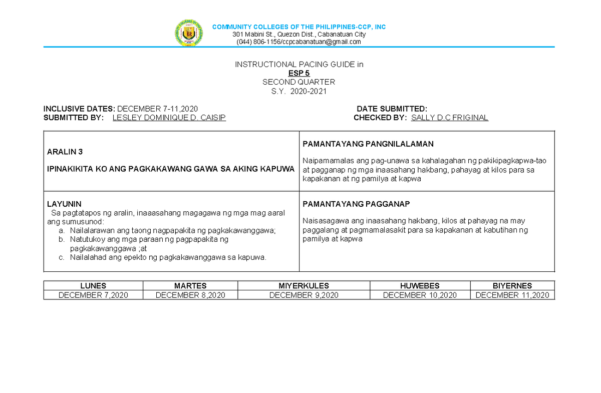 ESP 5 Instructional Pacing Guide for 2nd Quarter S.Y. 2020 - Studocu