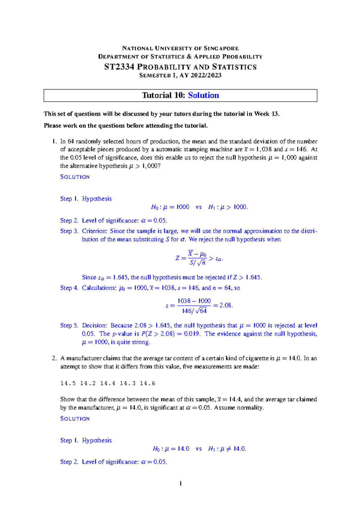 Tutorial 10 solution - NATIONAL UNIVERSITY OF SINGAPORE DEPARTMENT OF ...