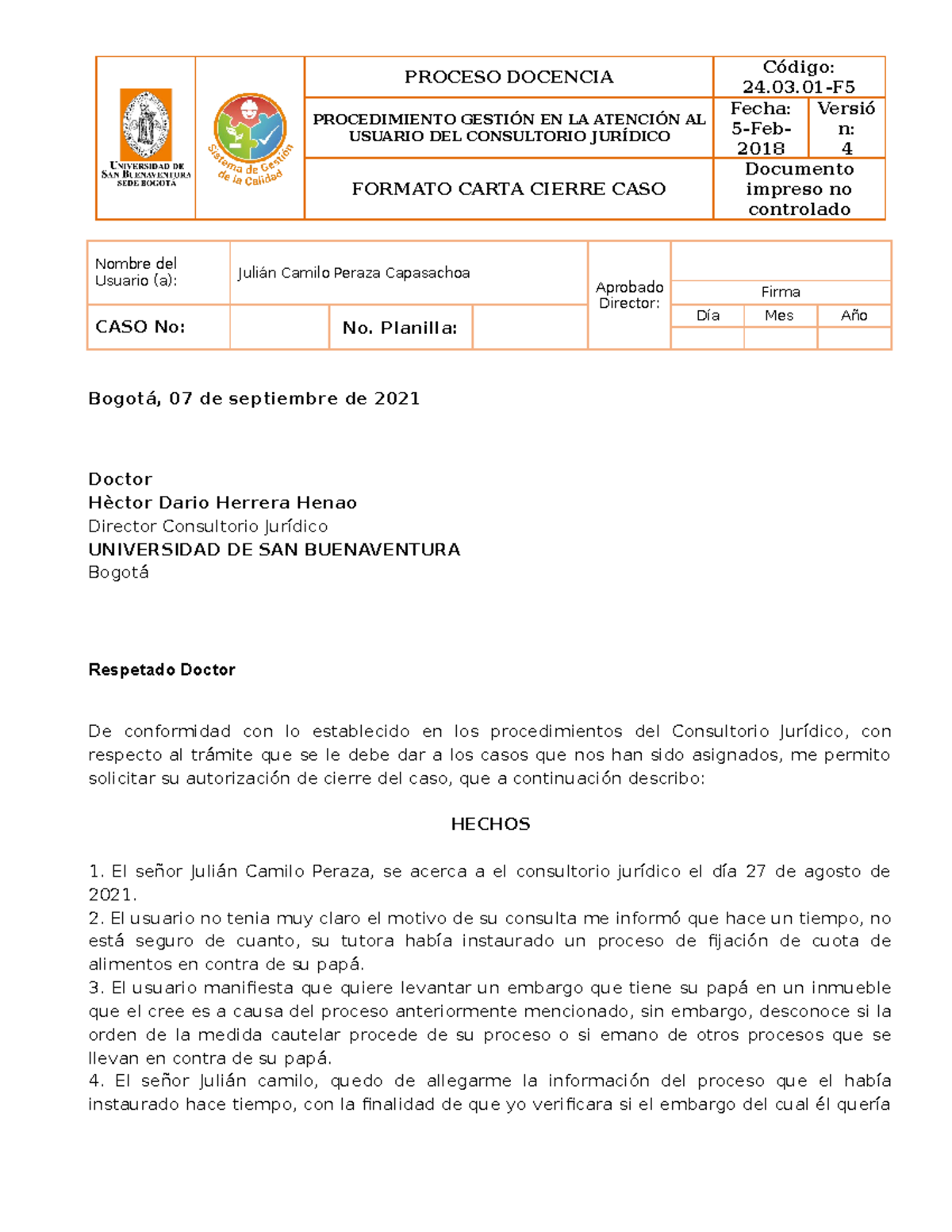 Solicitud Cierre DE CASO - PROCESO DOCENCIA 24.03-F5Código ...