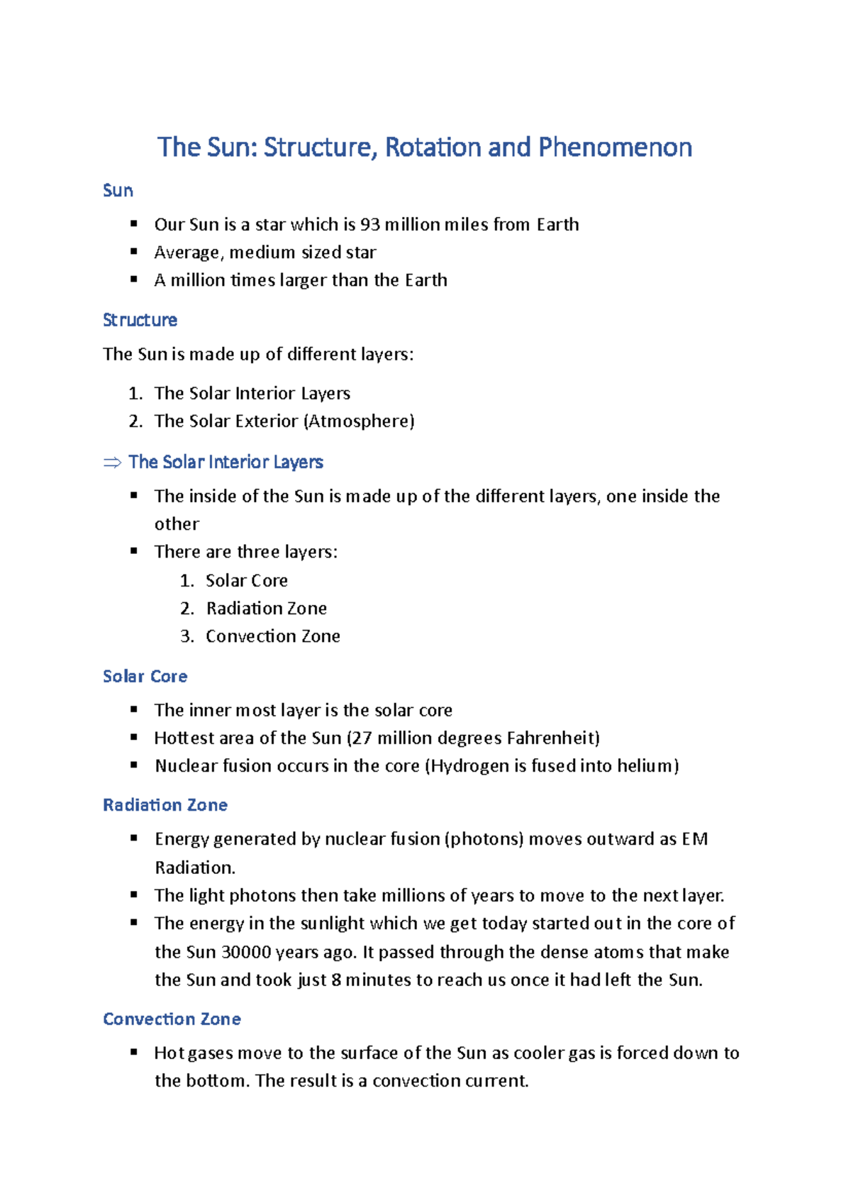 The Sun: Structure, Rotation & Phenomena Notes - Studocu