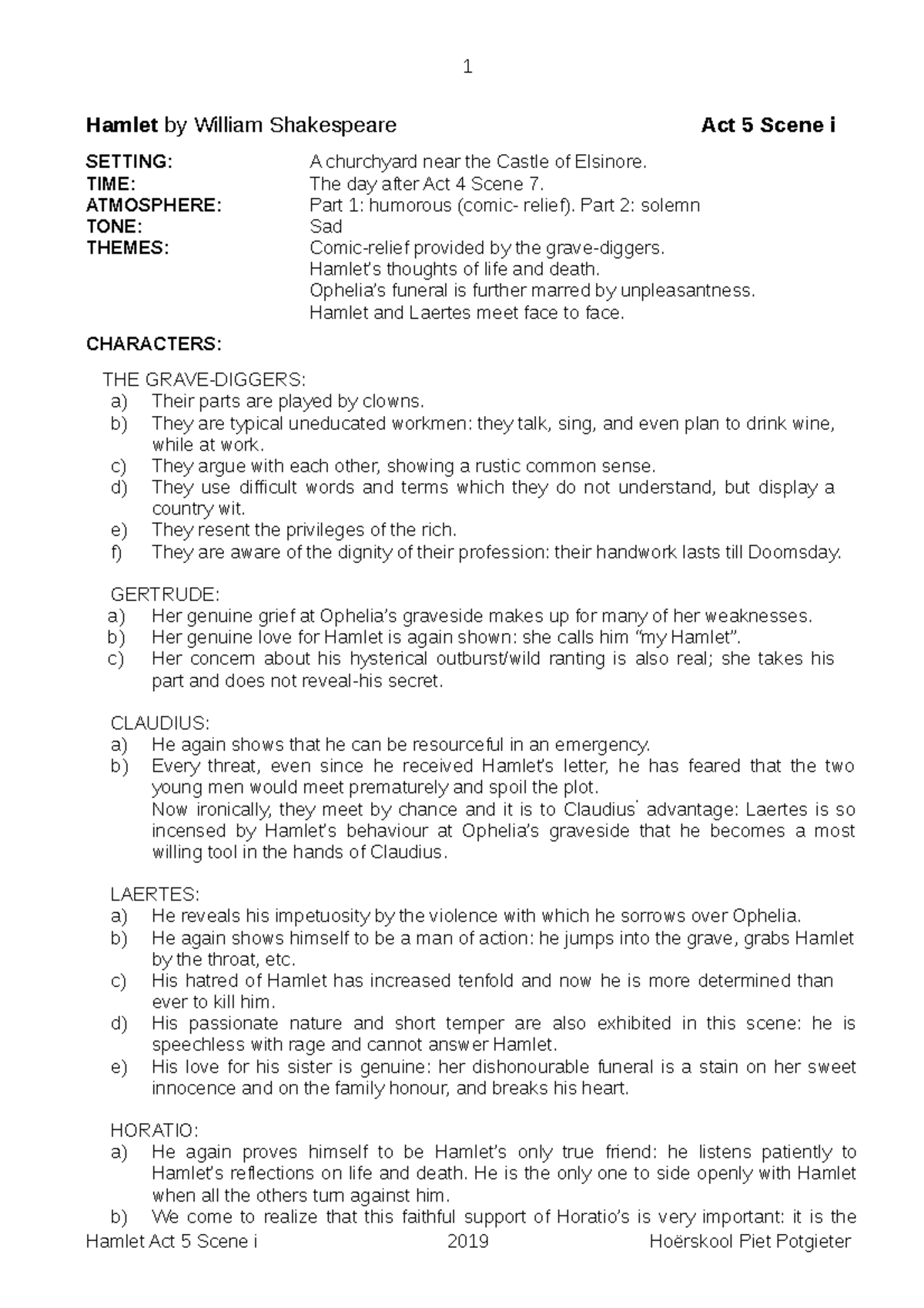 Hamlet Act 5 Scene i Analysis and Character Insights - Studocu