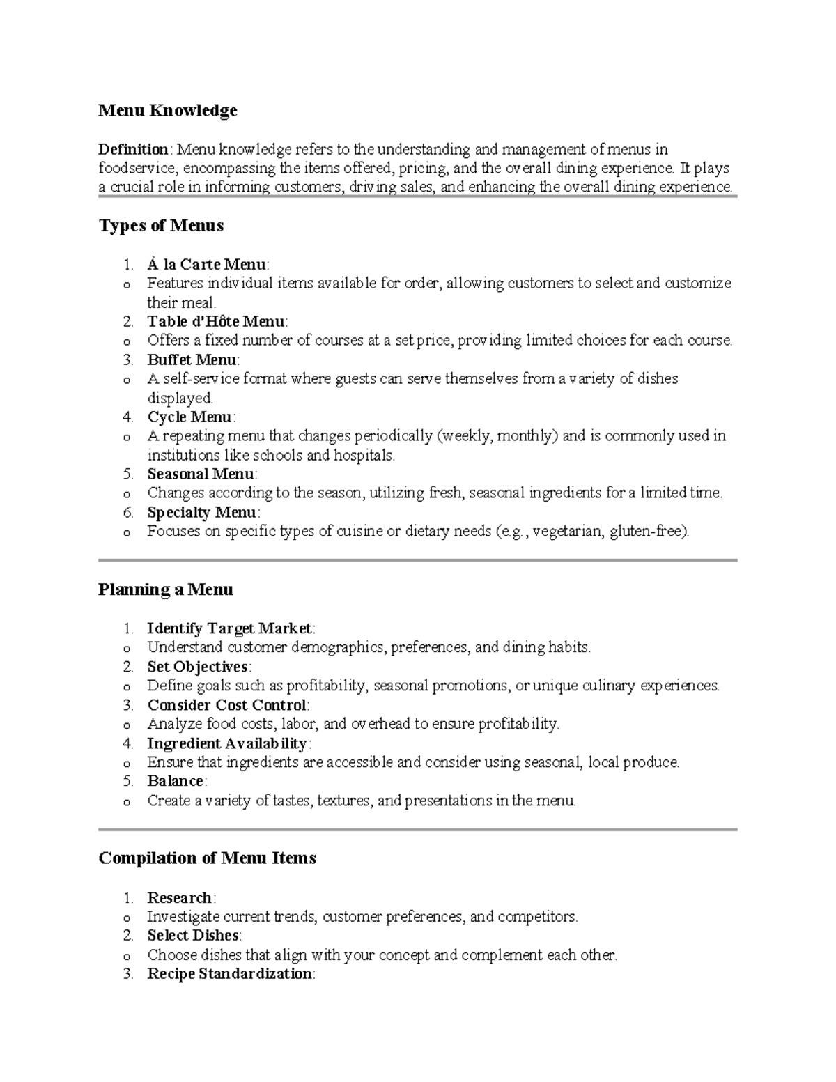 Culinary Practice Notes: Menu Knowledge & Food Purchases Overview - Studocu