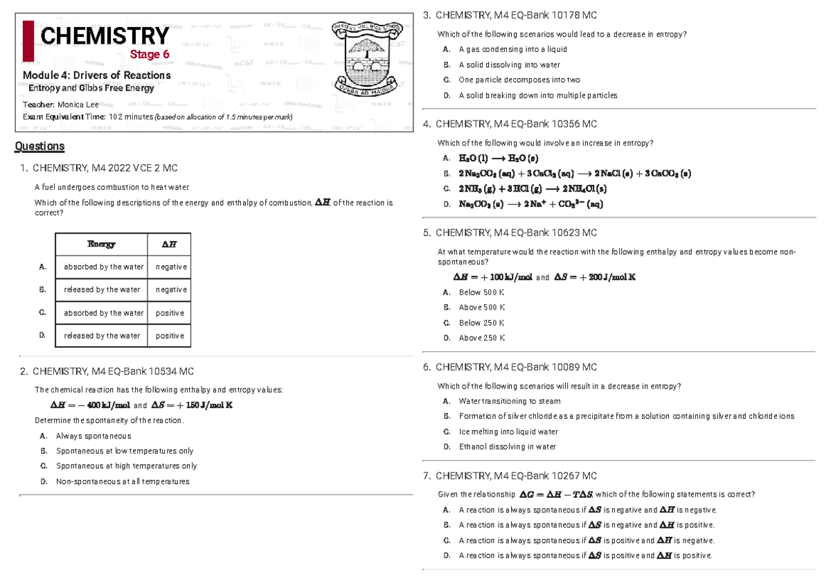 M4 Entropy & Gibbs Free Energy Exam Questions and Answers - Studocu