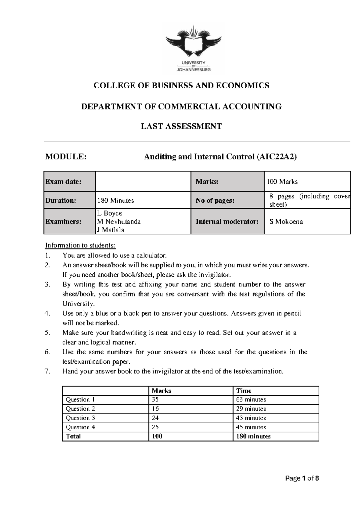 AIC22A2 Auditing & Internal Control Final Exam Guidelines and Questions ...