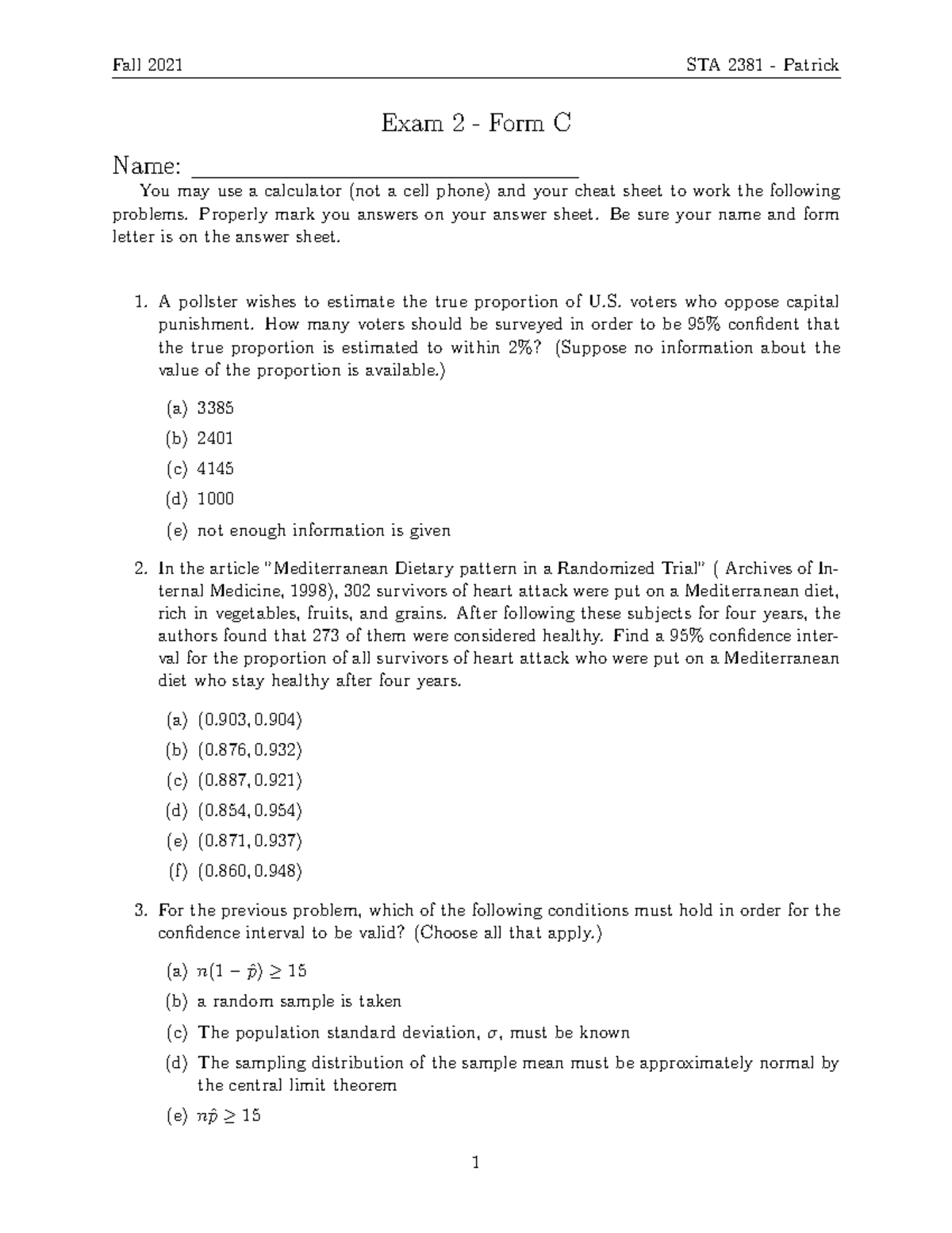 Exam 2 - Form C for Patrick's Class: Statistics Concepts & Problems ...