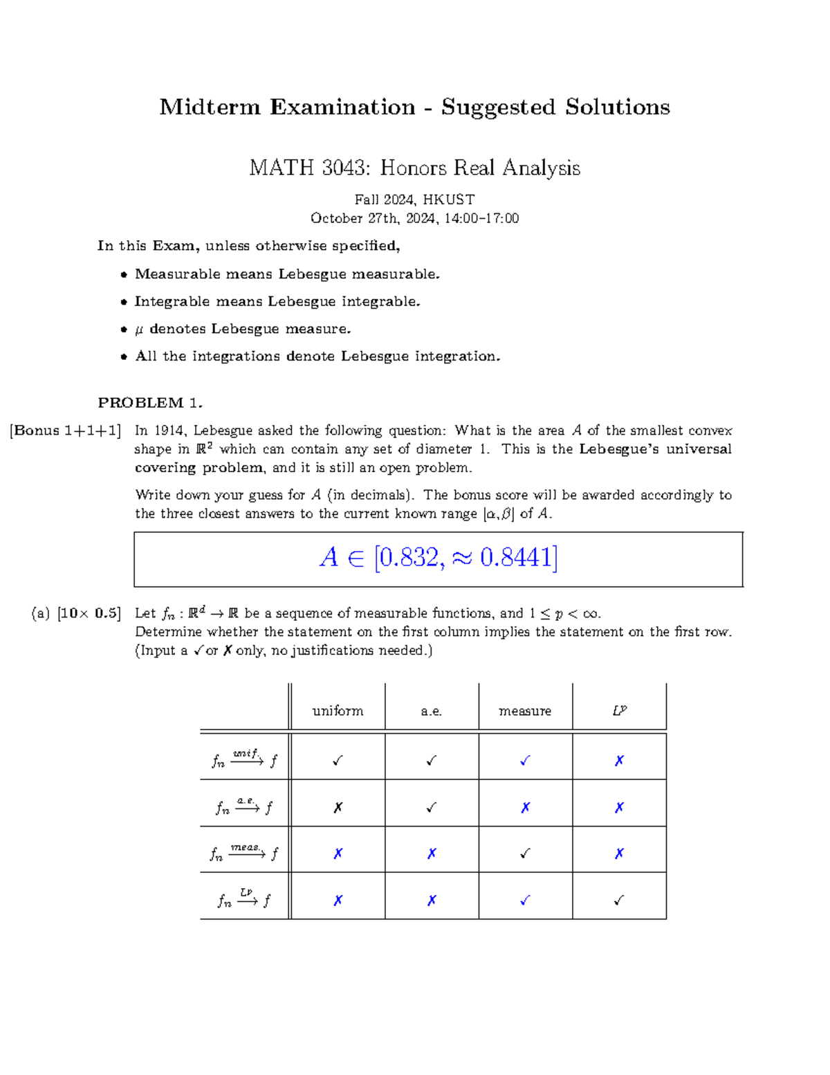 Midterm Exam Solutions MATH 3043: Honors Real Analysis Fall 2024 - Studocu