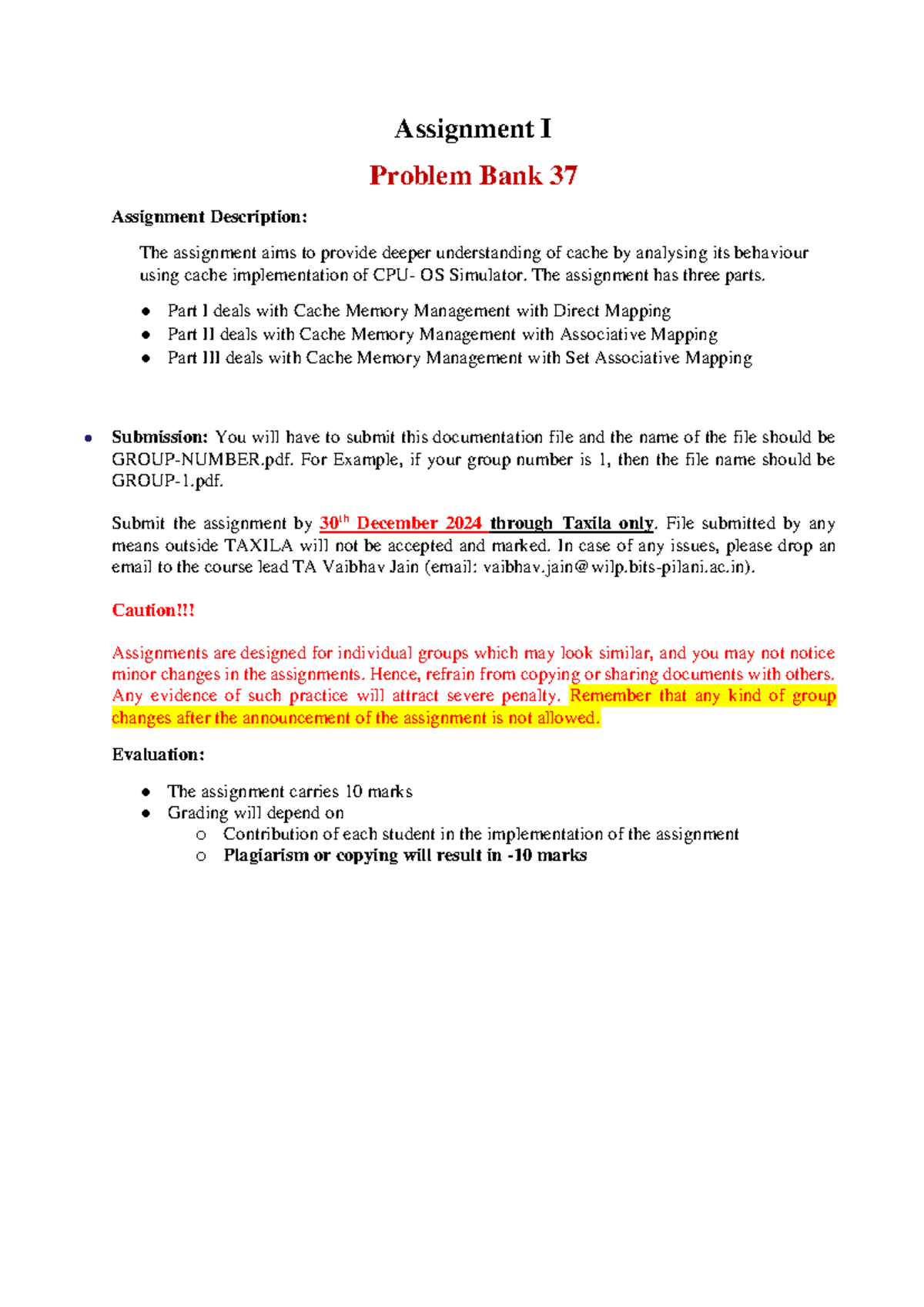 CSIS 2024: Assignment I - Cache Memory Management Problem Bank 37 - Studocu