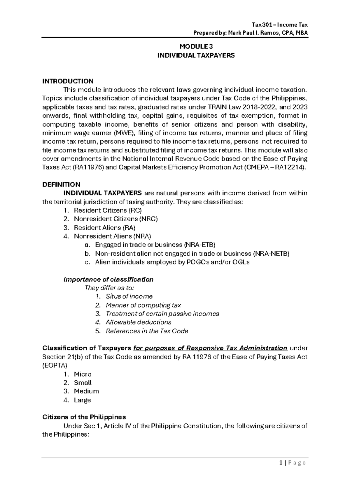 Tax 301 Module 3: Individual Taxpayers Overview and Key Concepts - Studocu