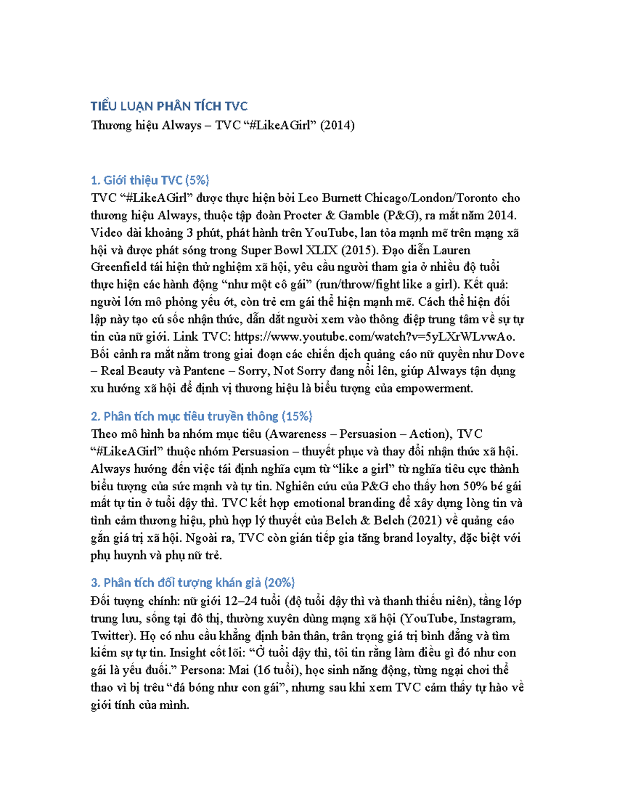 TIỂU LUẬN PHÂN TÍCH TVC Thương hiệu Always: Like a Girl (2014) - Studocu