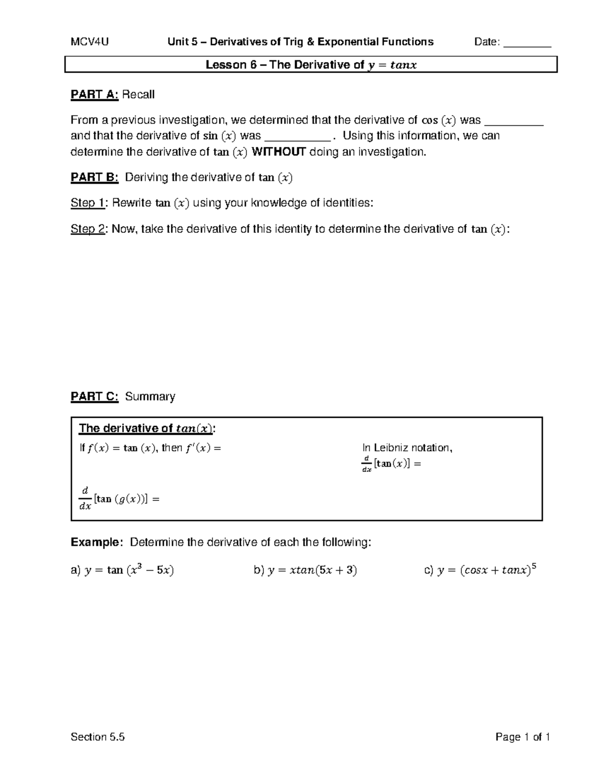 MCV4U Unit 5 Lesson 6: Derivative of Tan and Trig Functions - Studocu