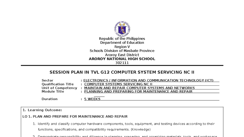 Session Plan for TVL G12 Computer System Servicing NC II - Studocu