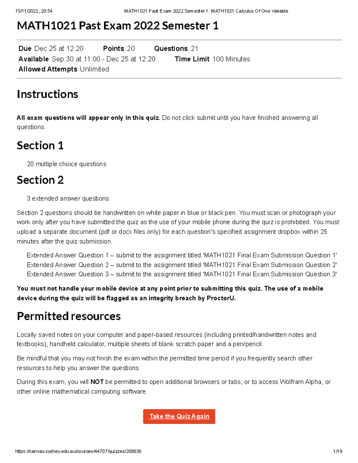 22 S1 - MATH 1021 2022 Semester 1 Past Paper - MATH1021 Past Exam 2022 ...