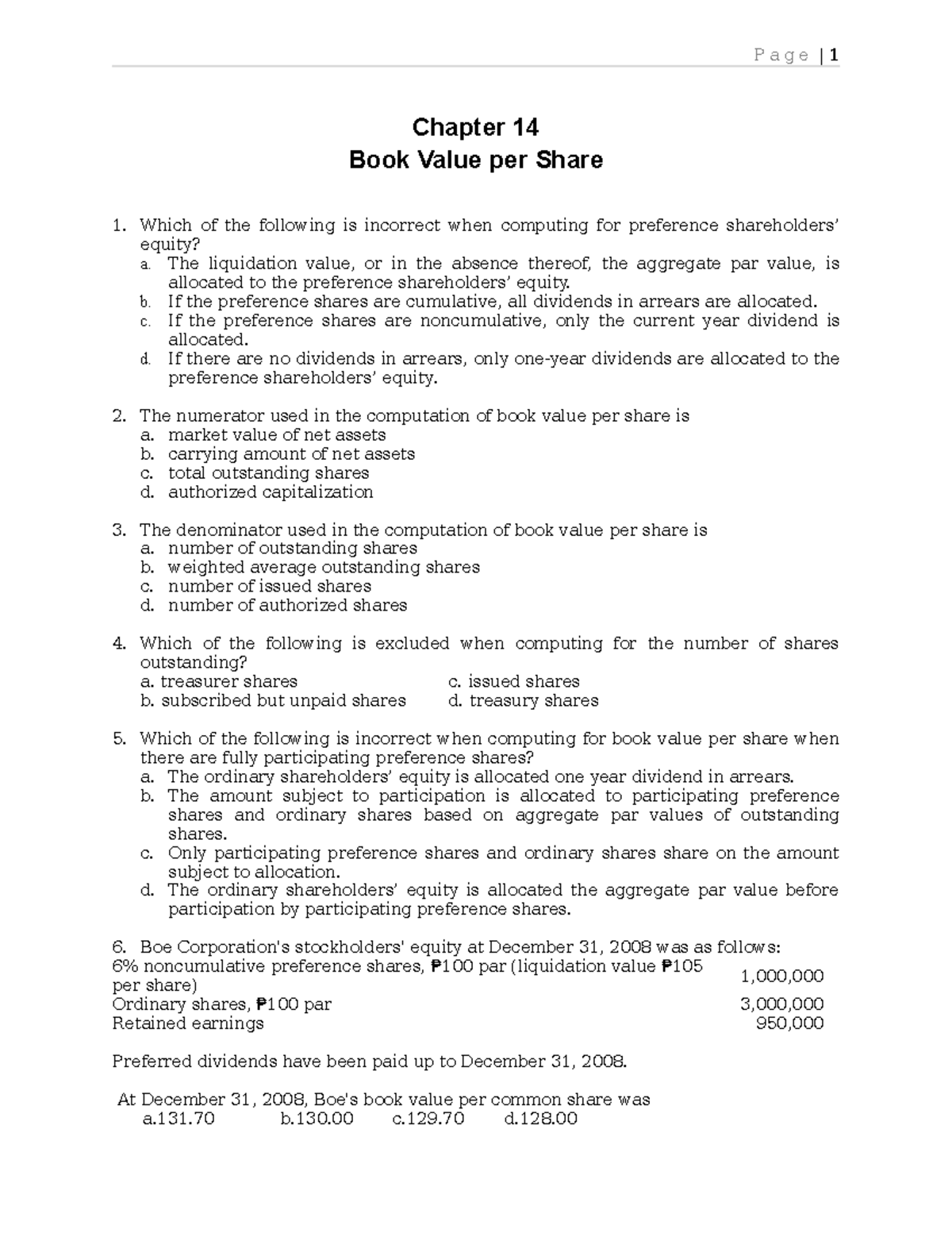 Chapter 14: Understanding Book Value per Share Computation - Studocu