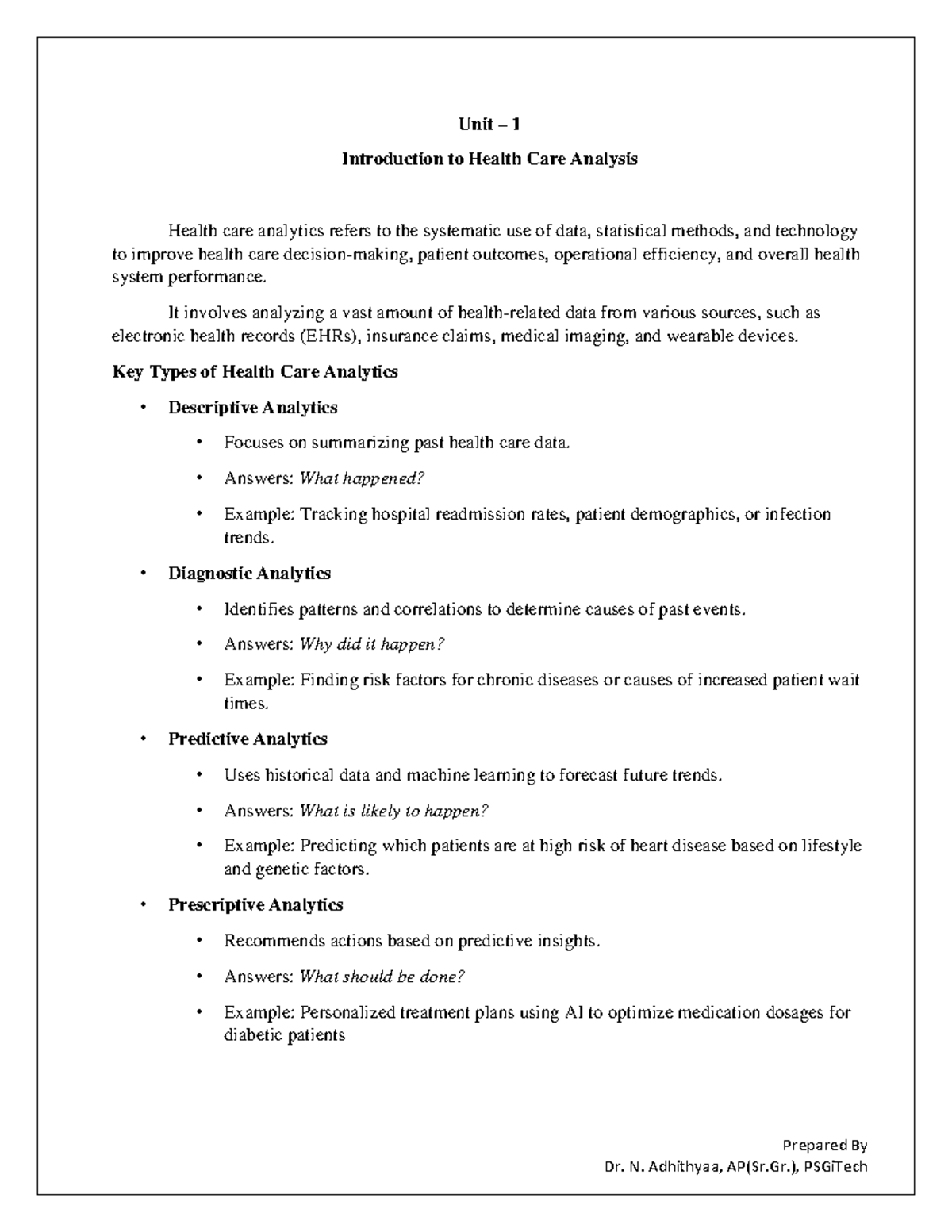 Unit 1: Intro to Health Care Analytics - Key Concepts & Applications ...
