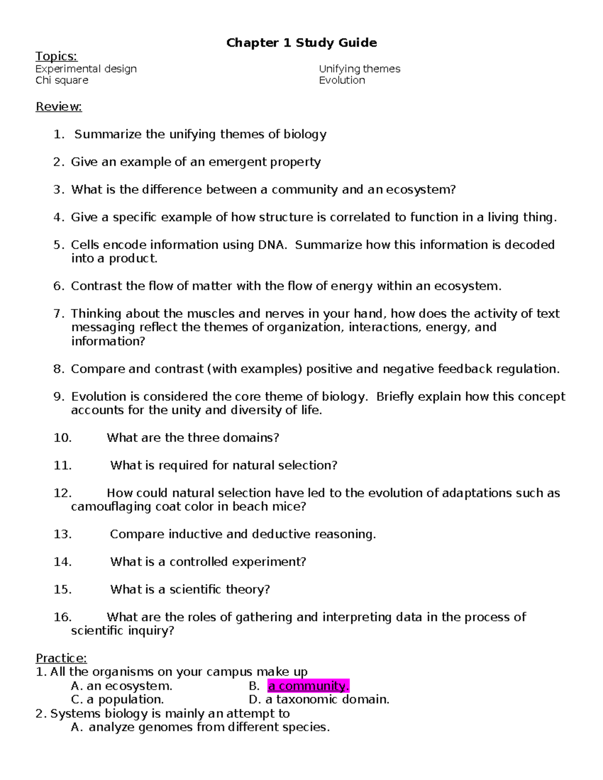 BIO-Chapter 1 Study Guide - Chapter 1 Study Guide Topics: Experimental ...