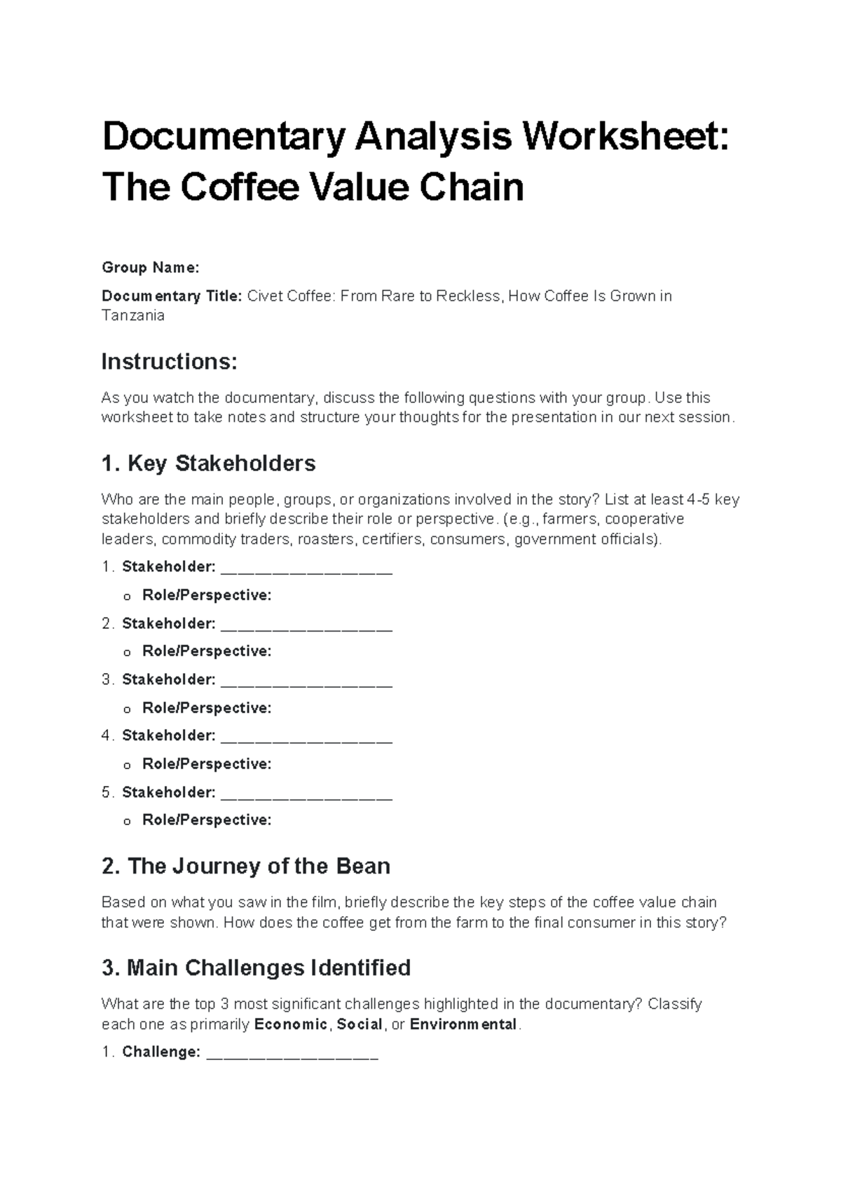 CIV 101: Documentary Analysis Worksheet on Coffee Value Chain - Studocu