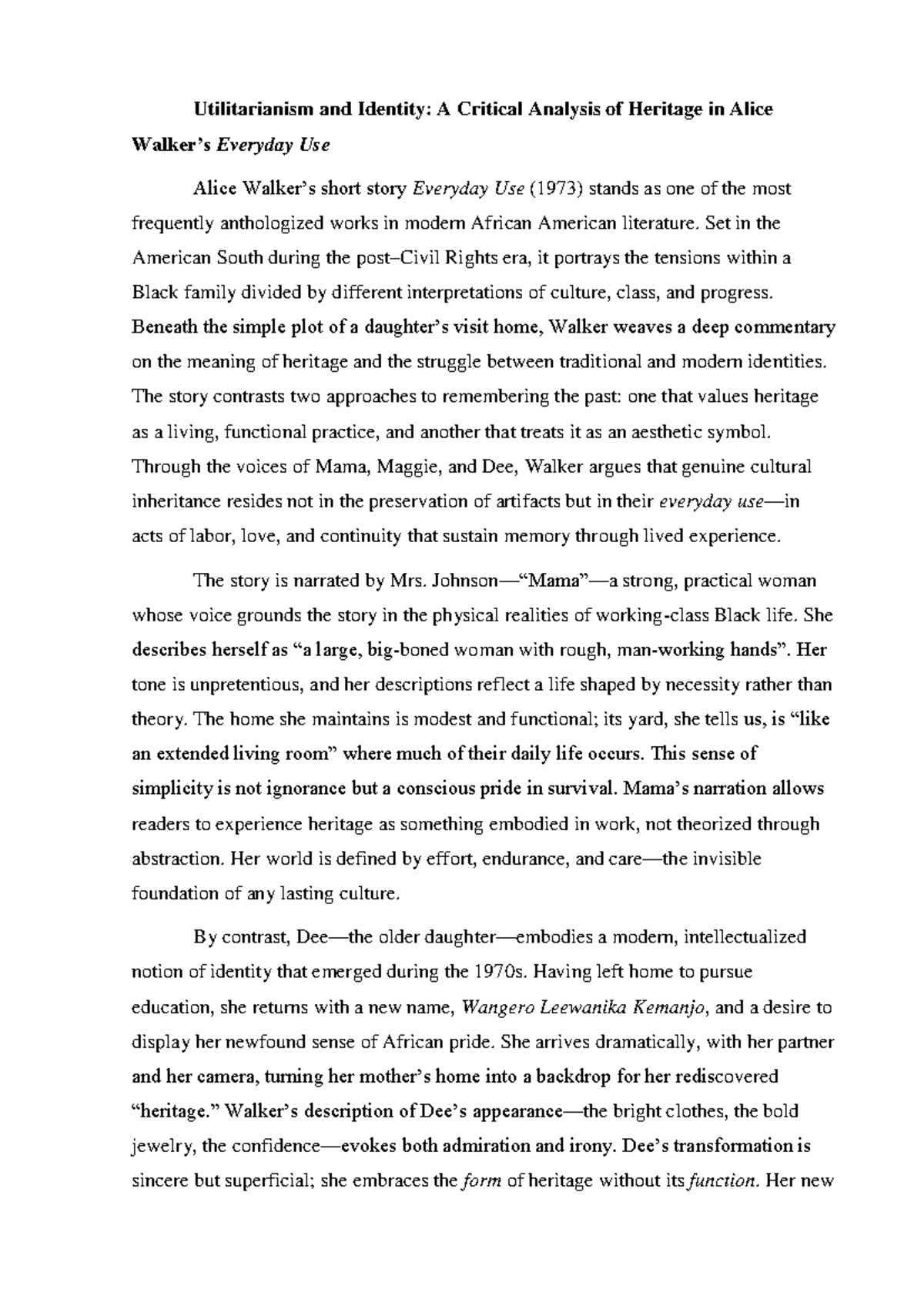 Critical Analysis of Heritage in Alice Walker's "Everyday Use" (Văn học ...