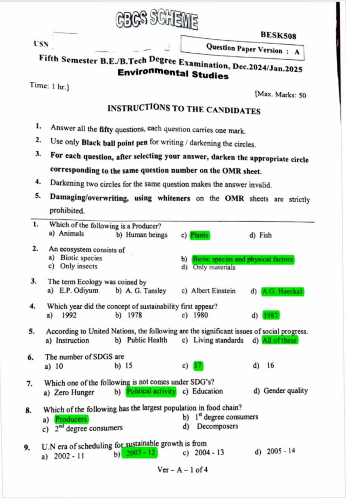 BESK508 USN Environmental Studies Fifth Degree Exam Question Paper A ...