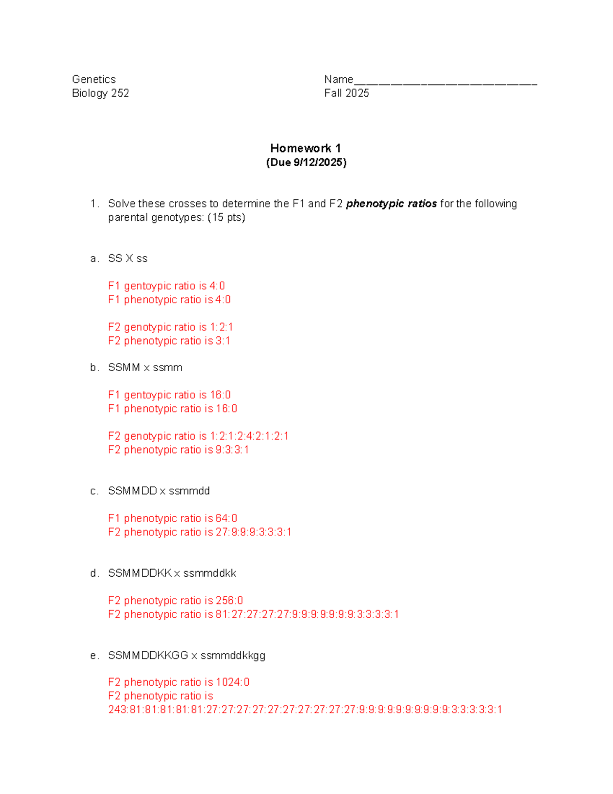 Genetics Biology 252 Fall 2025 Homework 1 Answer Key - Studocu