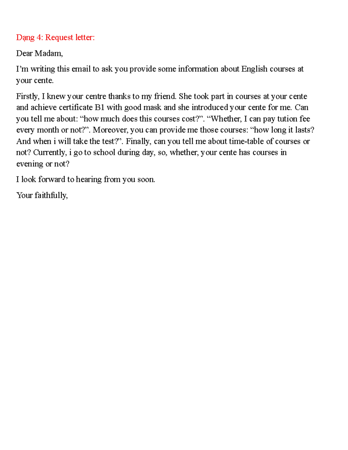 Dạng 4: Request Letter for English Course Information - Studocu