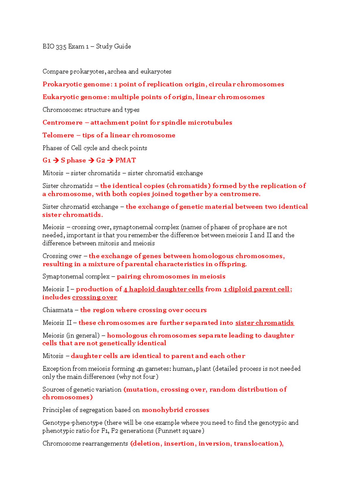 BIO 335 Genetics Exam 1 Comprehensive Study Guide - Studocu