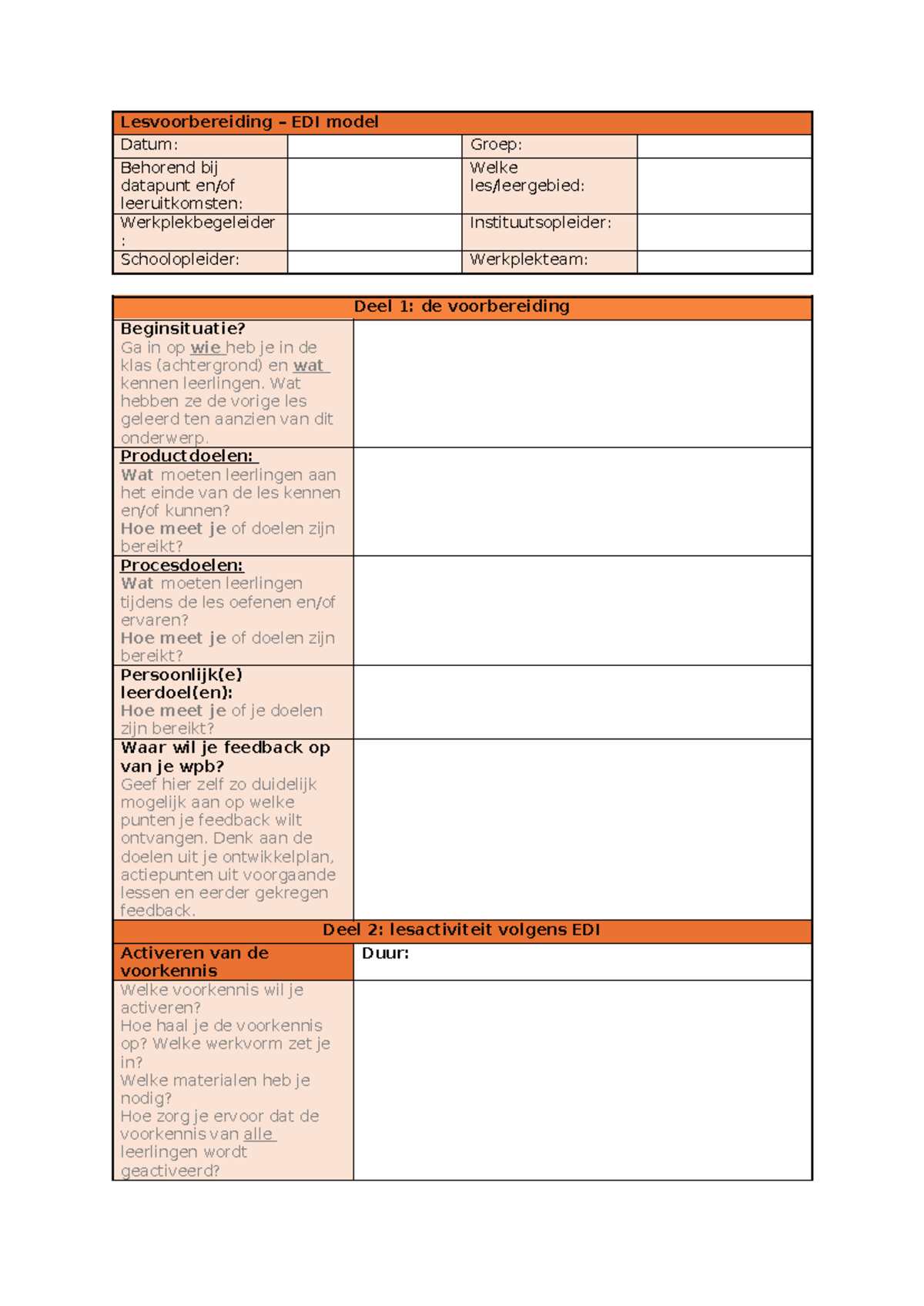 Lesvoorbereiding EDI Model - Format en Evaluatie voor Docenten ...