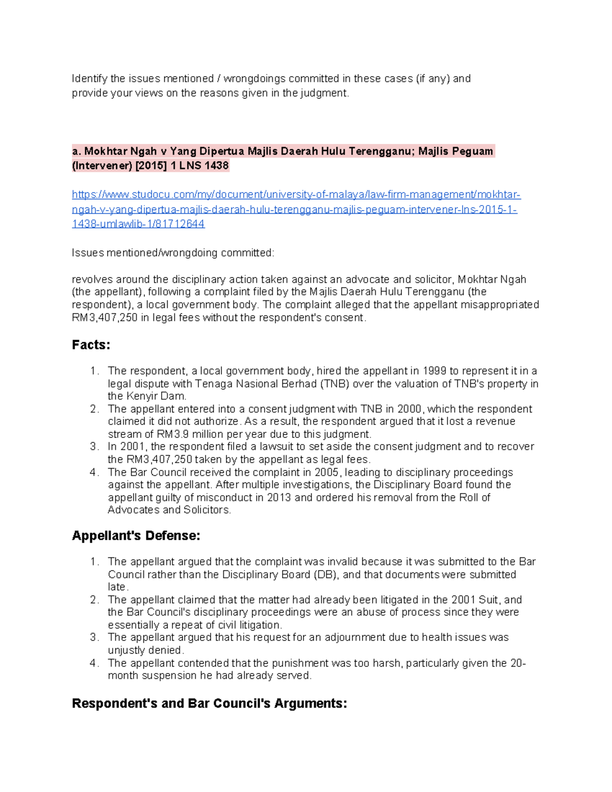 Case summaries - lfm - Identify the issues mentioned / wrongdoings ...