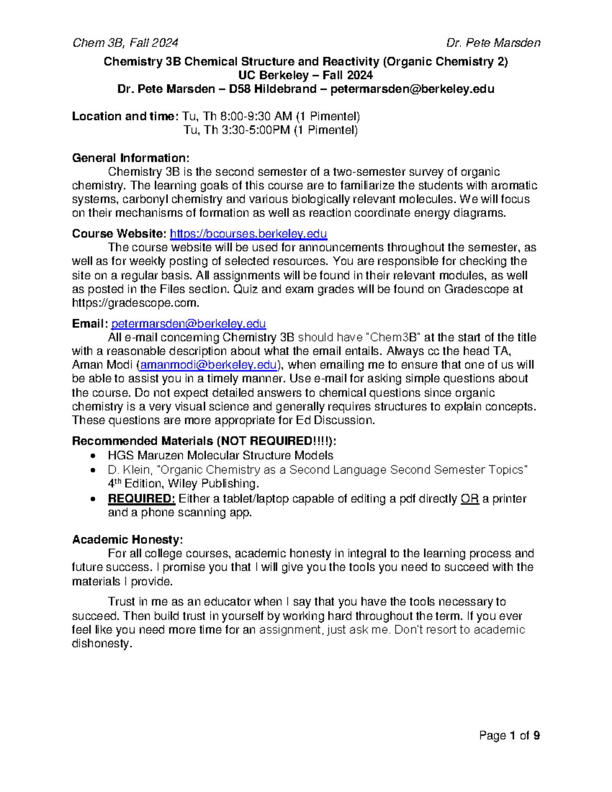 Chem 3B Syllabus - Organic Chemistry 2 (Fall 2024) - Studocu