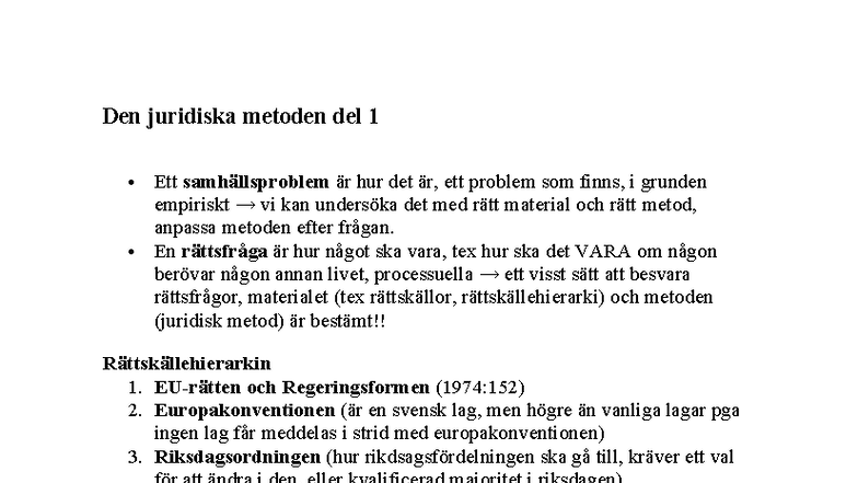 Den juridiska metoden: Rättskällor och deras hierarki (JUR101) - Studocu
