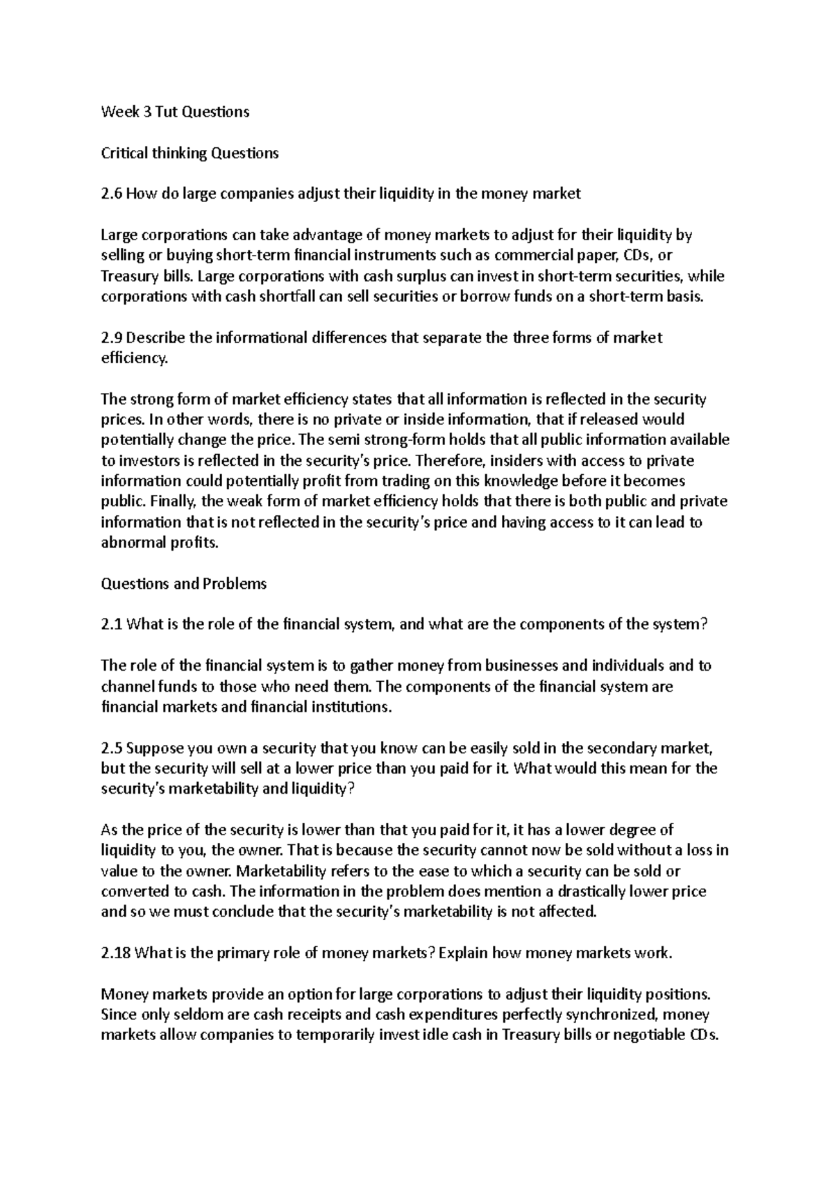 Week 3 Tut Questions Fin111 - Week 3 Tut Questions Critical thinking ...