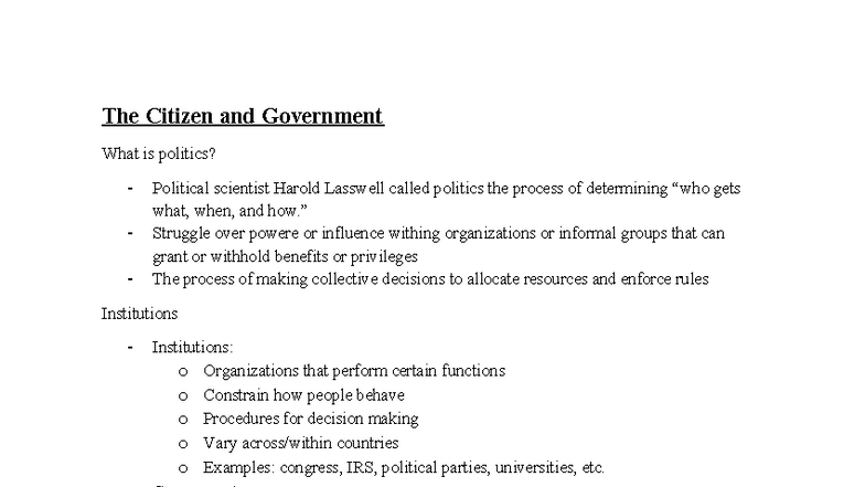 Week 1 - The Citizen and Government: Understanding Politics and ...