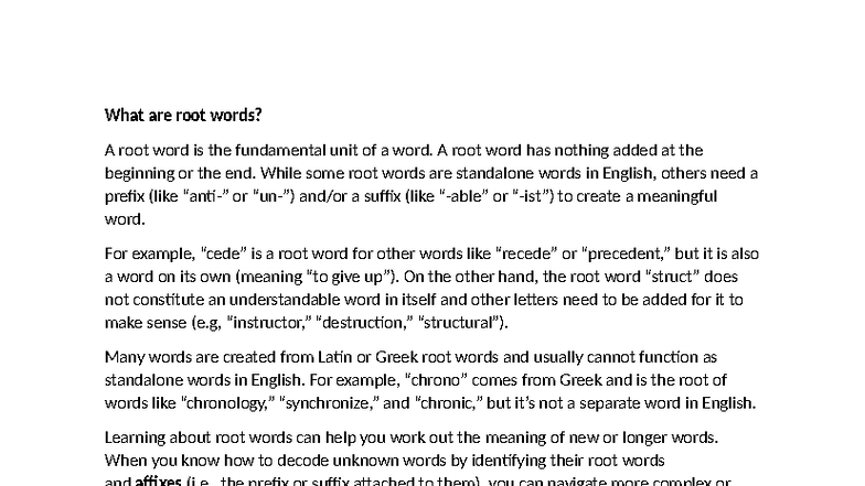 Understanding Root Words - Grammar Overview - Studocu