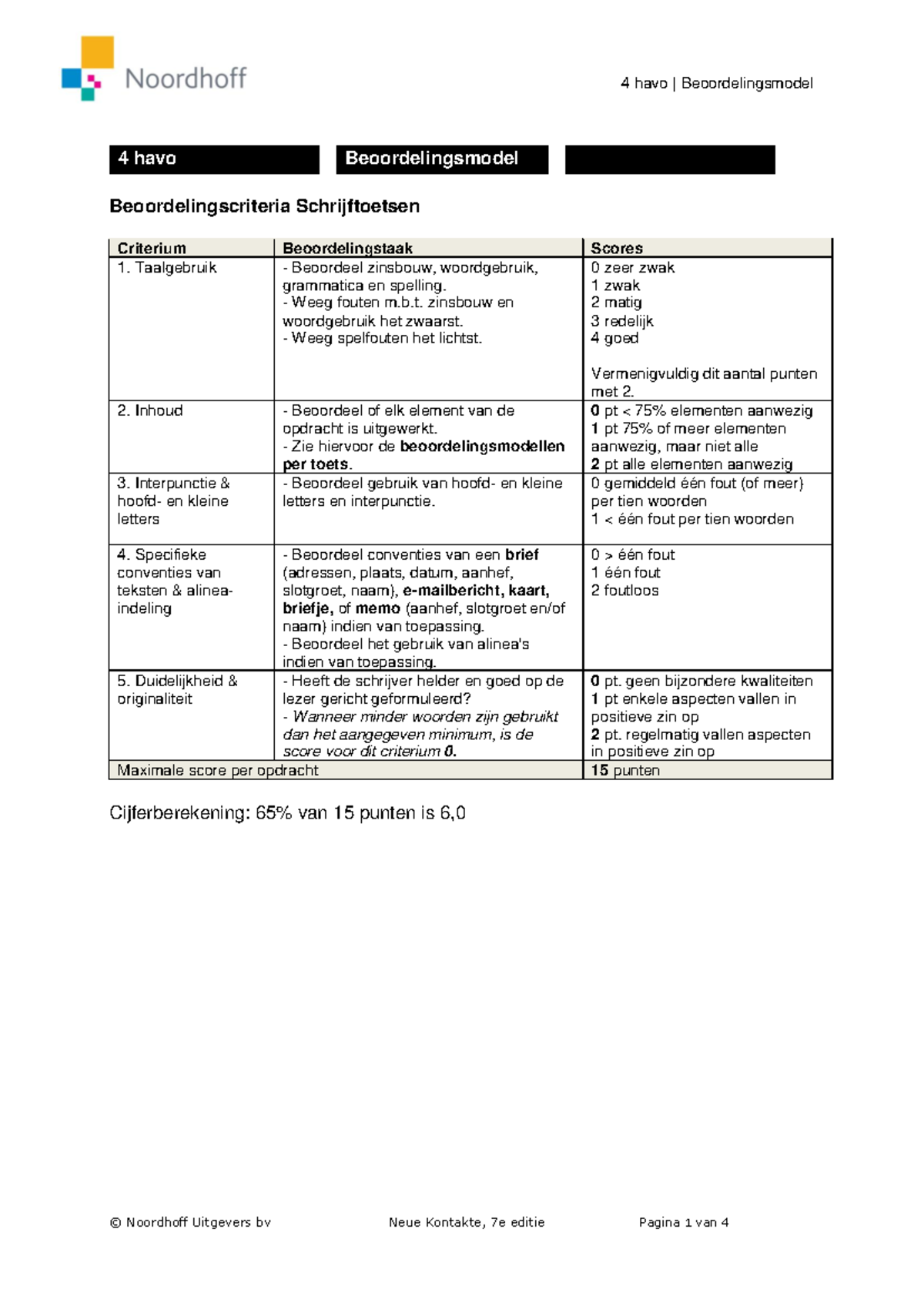 Beoordelingsmodel Schrijftoets 4h | Definitief en Cijfersysteem ...