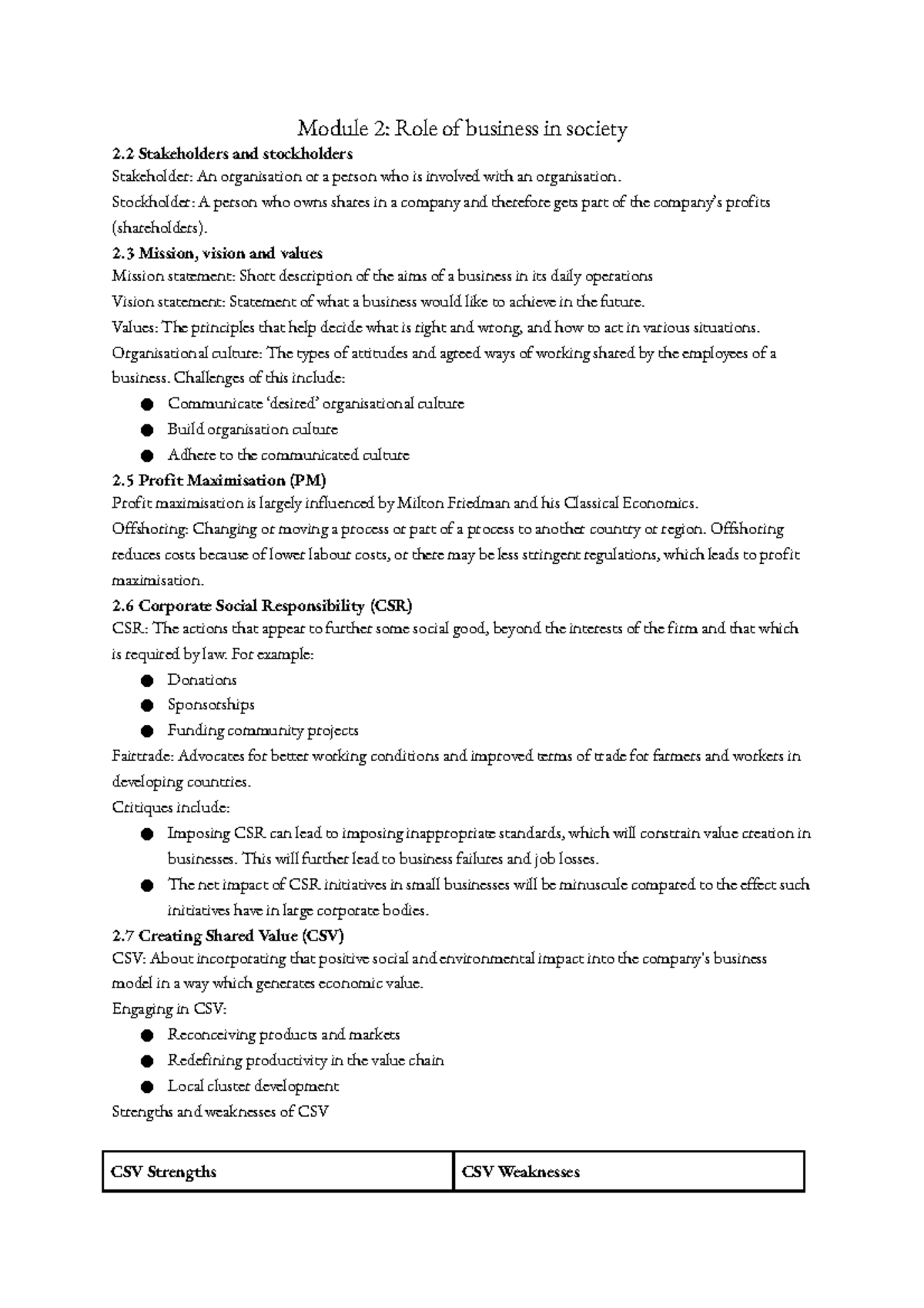 Module 2 notes - Module 2: Role of business in society 2 Stakeholders ...