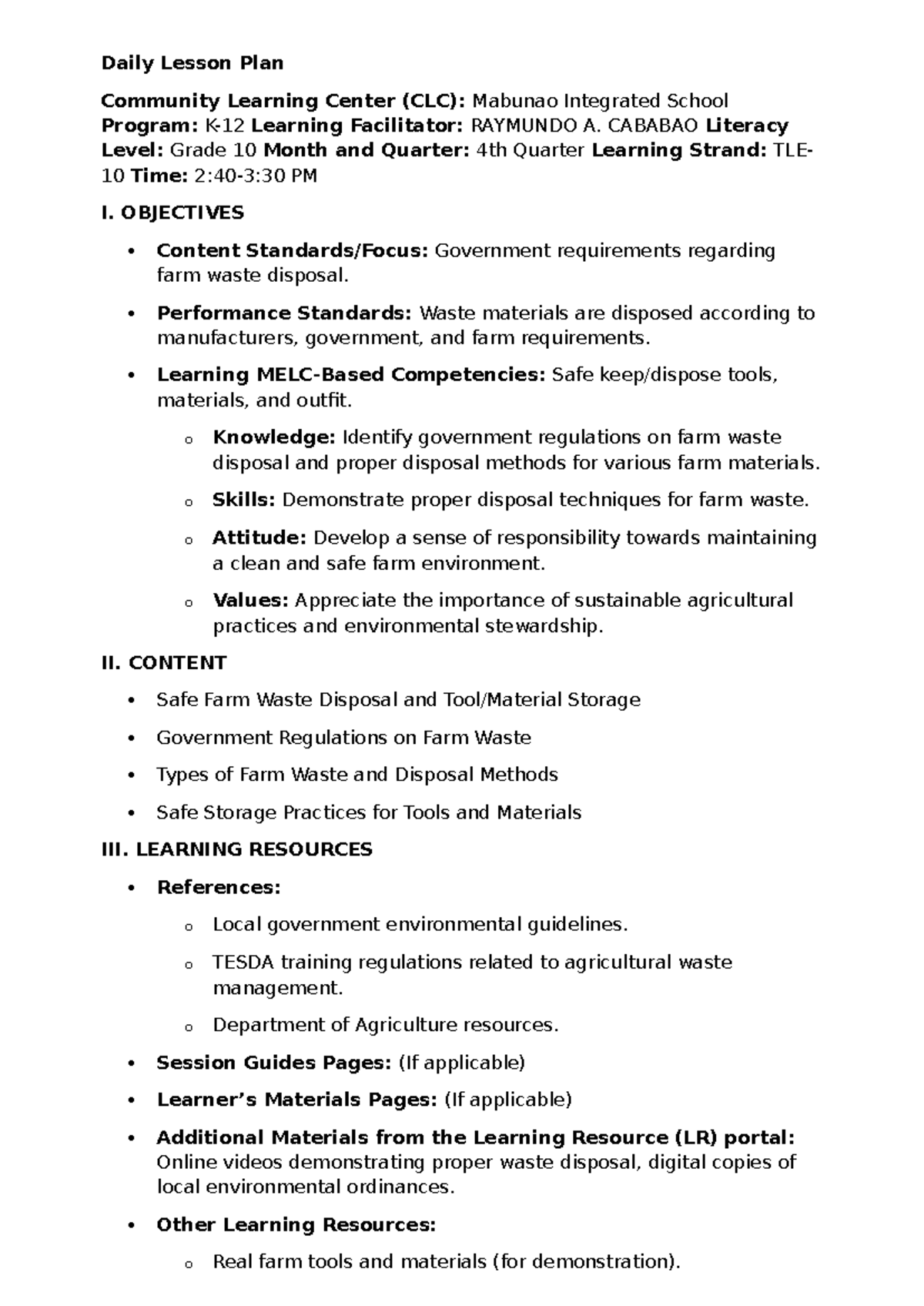 Daily Lesson Plan: Safe Farm Waste Disposal (TLE10) - Studocu