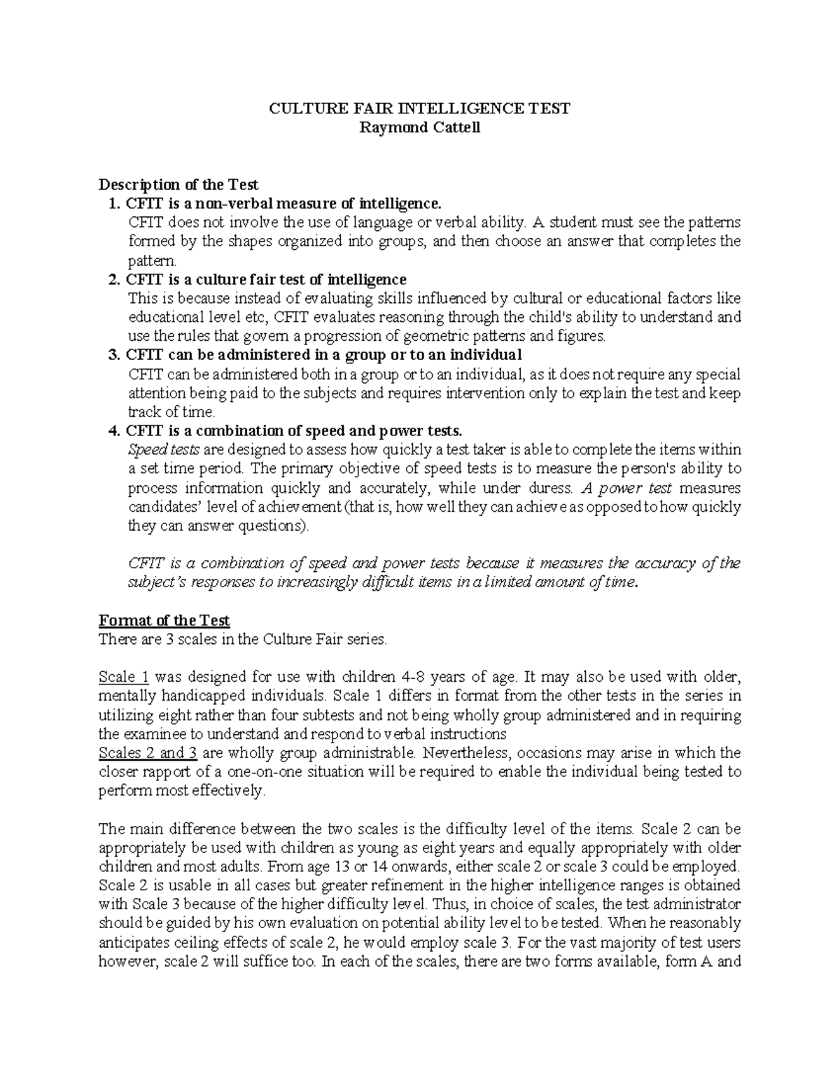 CFIT Handout - Exploring Psychological Assessment of Intelligence - Studocu