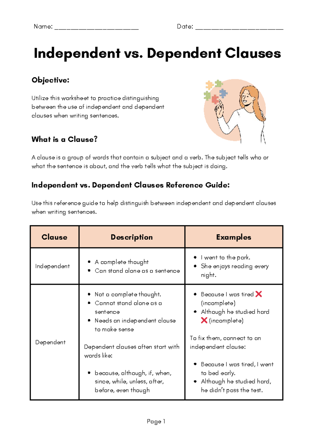 Independent vs. Dependent Clauses Grammar Worksheet (ENG101) - Studocu