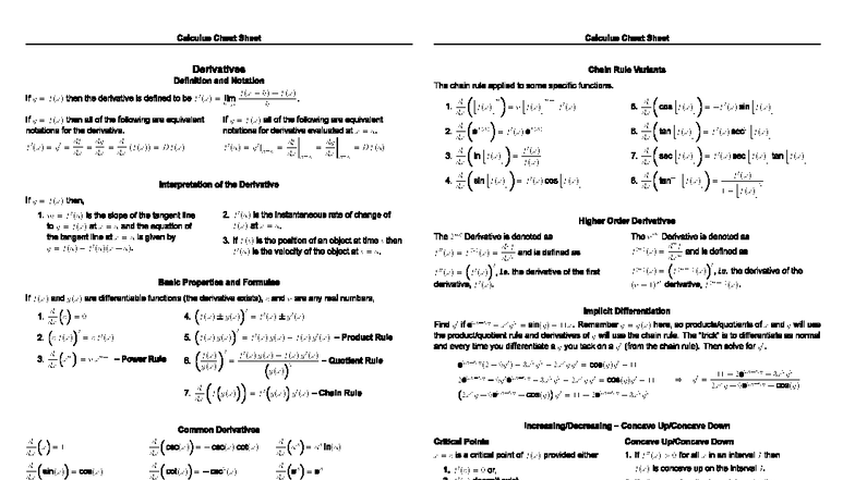 Calculus Cheat Sheet: Derivatives & Chain Rule Variants - Studocu