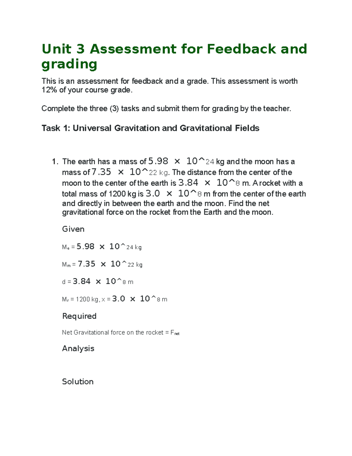 Unit 3 Assessment for Feedback and Grading (Worth 12% of Course) - Studocu