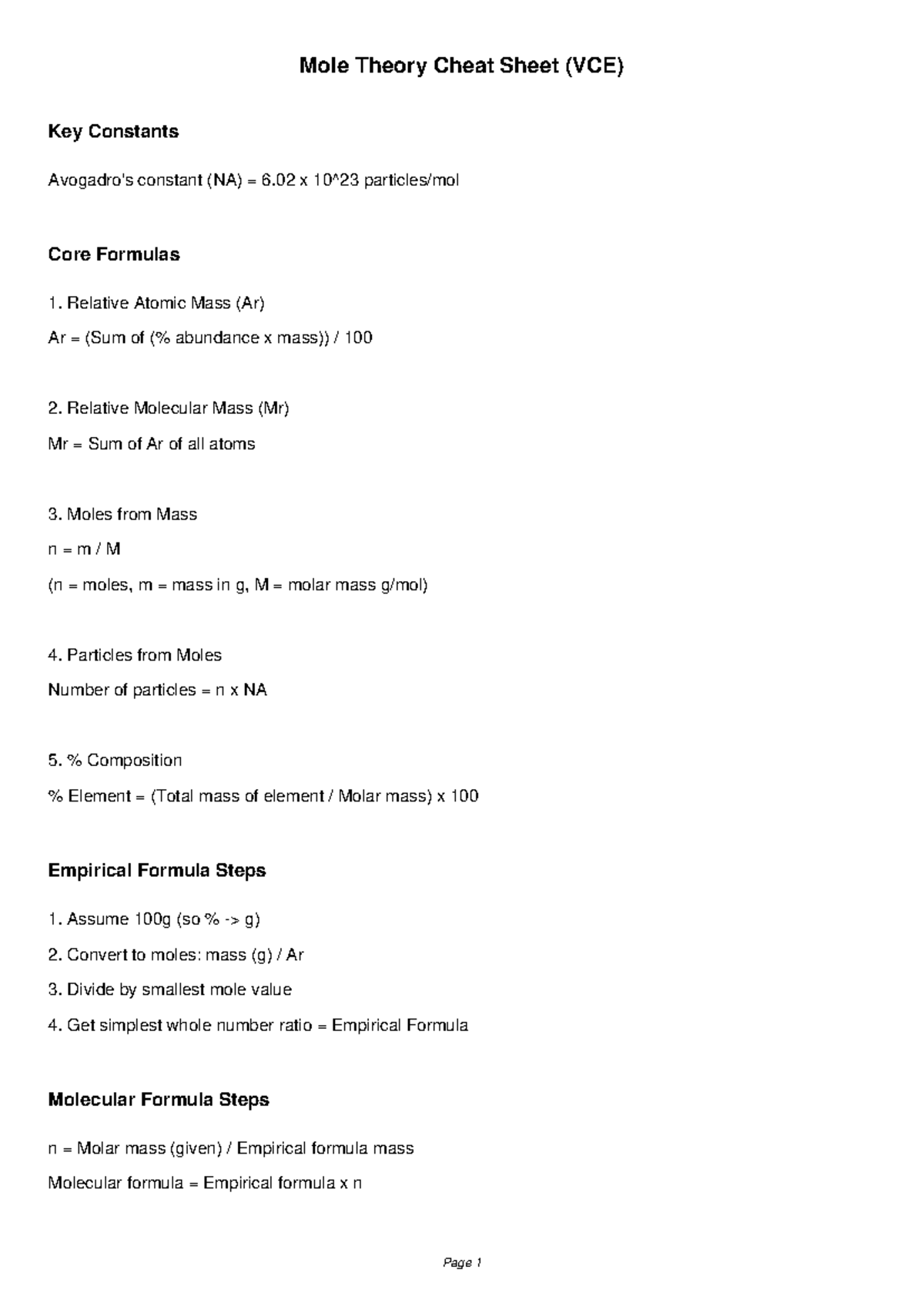 Mole Theory Cheat Sheet (VCE) - Key Constants & Formulas - Studocu