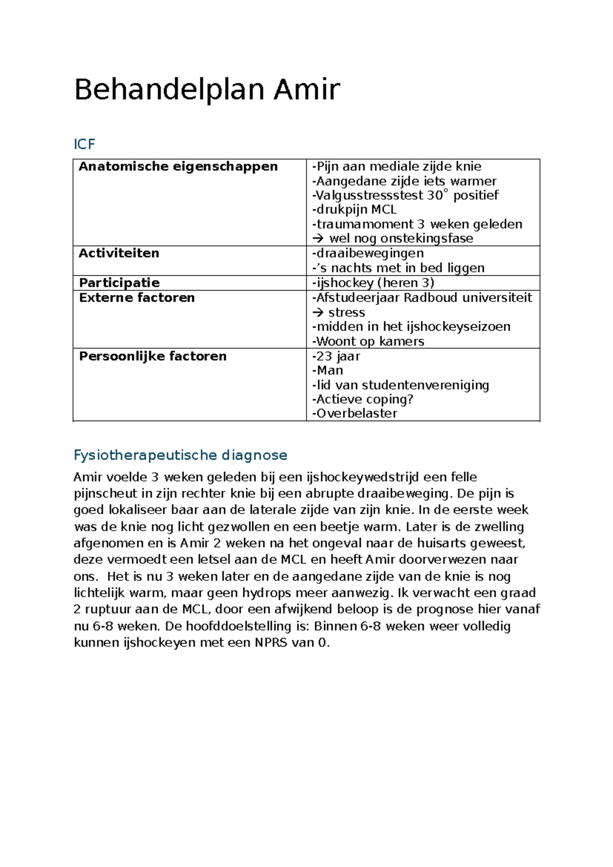 Behandelplan Amir: MCL Letsel en Revalidatie (Fysiotherapie) - Studeersnel
