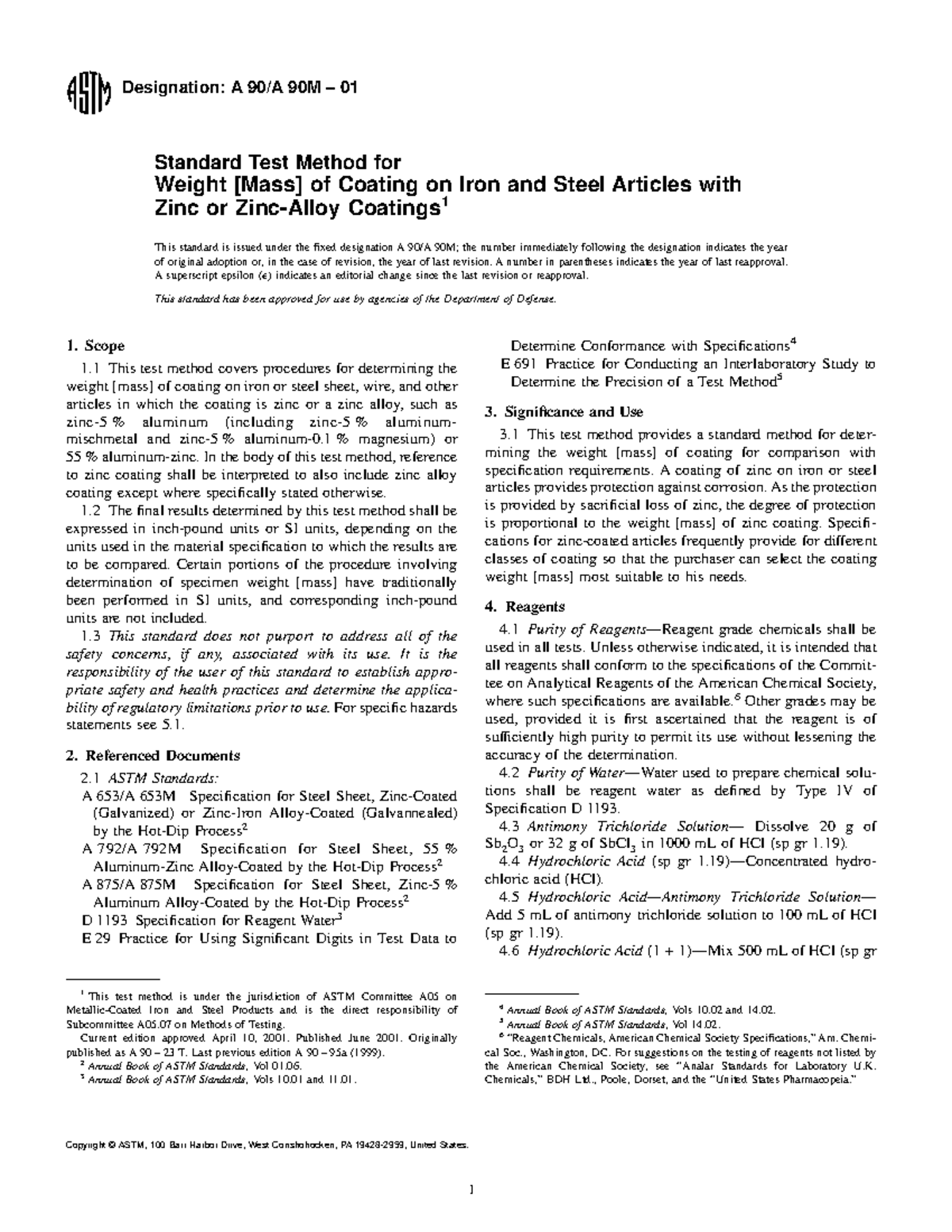 A 90M 01 Standard Test Method for Coating Weight on Steel Articles ...