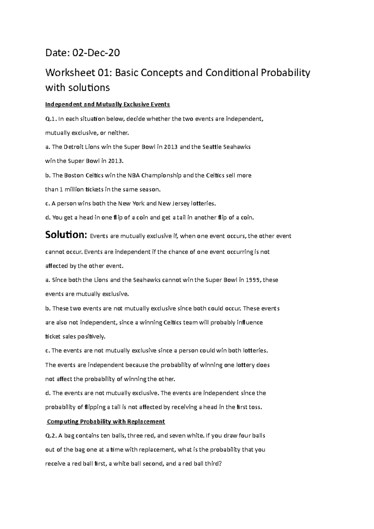 Basic Concepts and Conditional Probability Worksheet Solutions - Studocu
