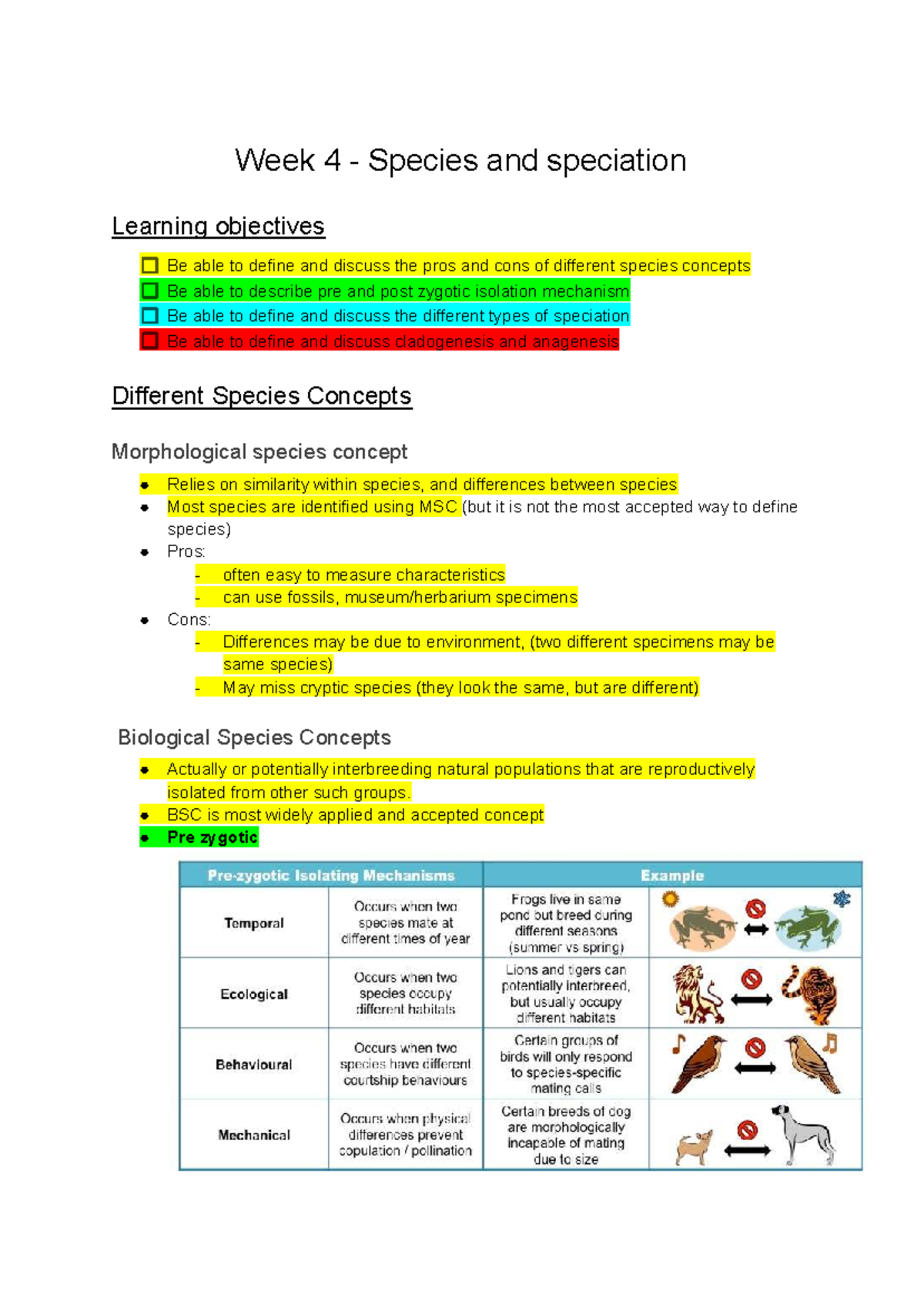 Biol 1006 Week 4 Notes: Species Concepts & Speciation Mechanisms - Studocu