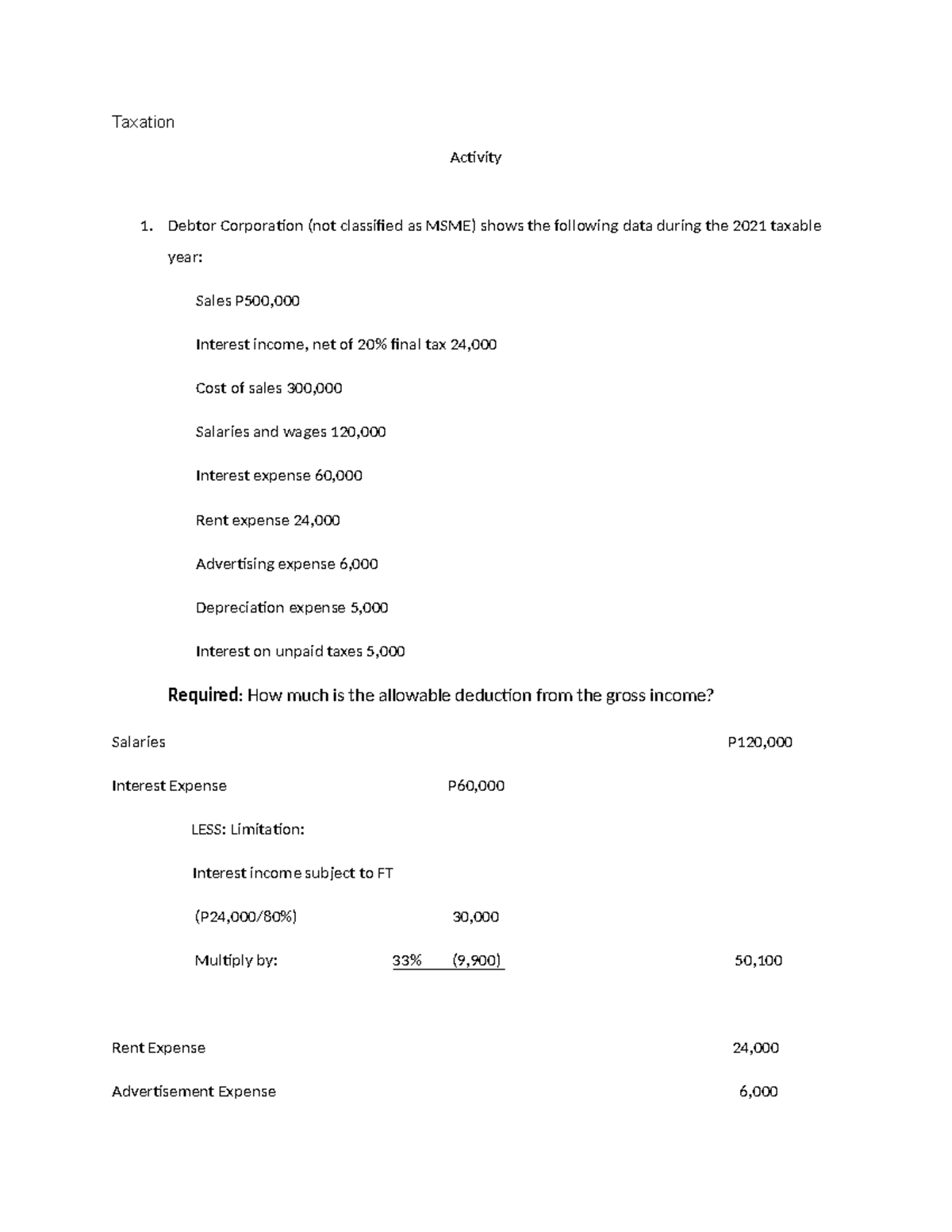 Taxation 06 Activity 1: Allowable Deductions & Tax Calculations - Studocu