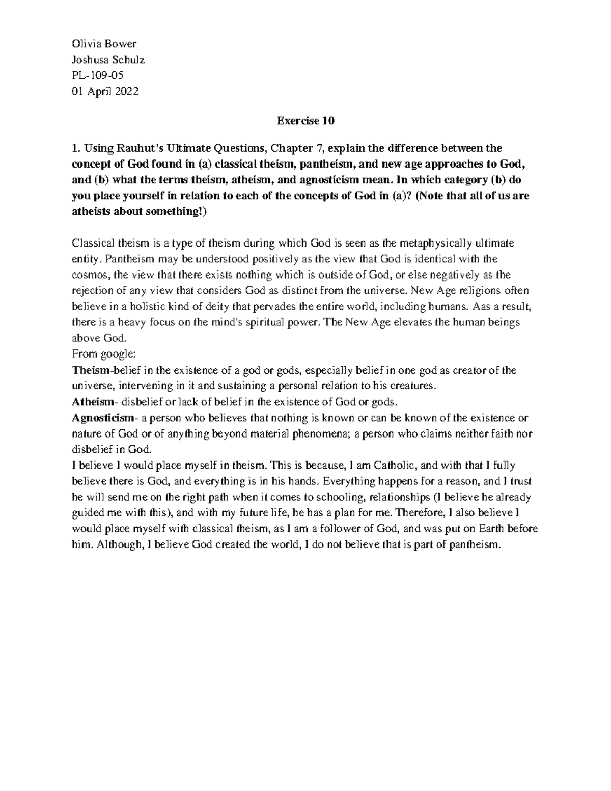 PHIL 101: Exercise 10 - Exploring Concepts of God and Existence - Studocu