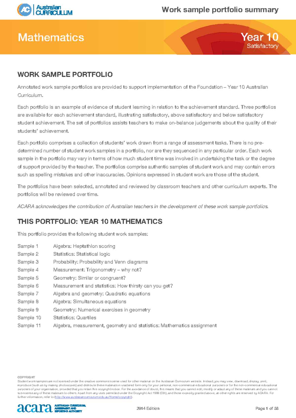 Year 10 Mathematics Work Sample Portfolio: Satisfactory Examples - Studocu