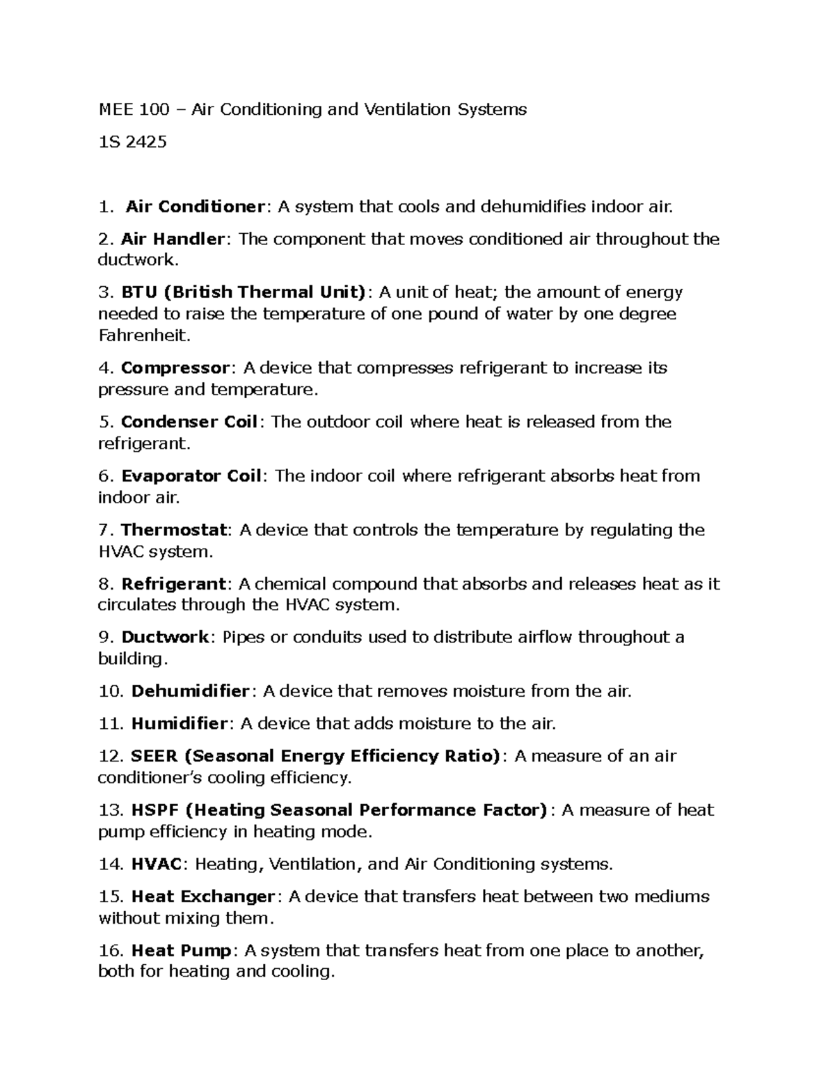 MEE 100 Air Conditioning & Ventilation Systems Key Terms Guide - Studocu